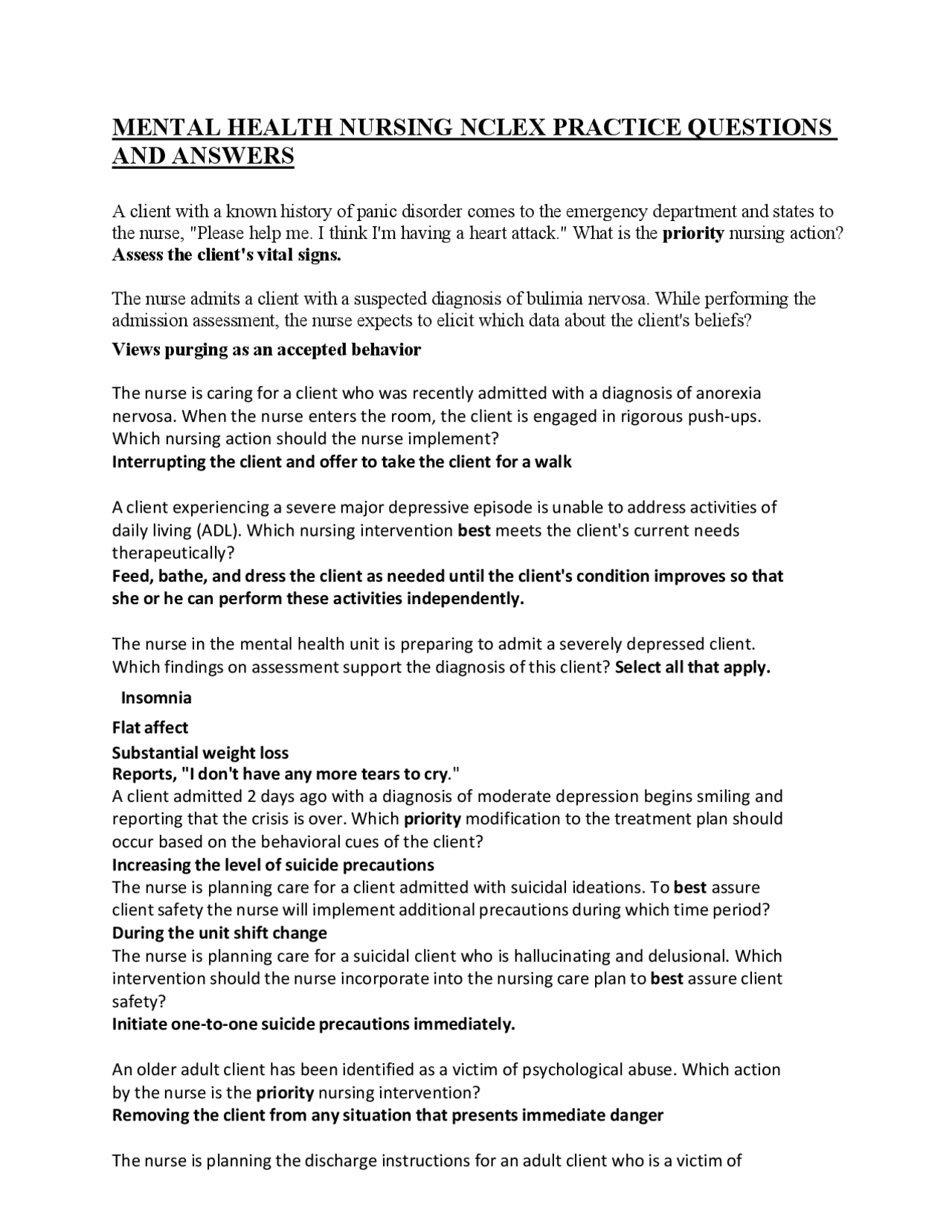 MENTAL HEALTH NURSING NCLEX PRACTICE QUESTIONS AND ANSWERS | Exams ...