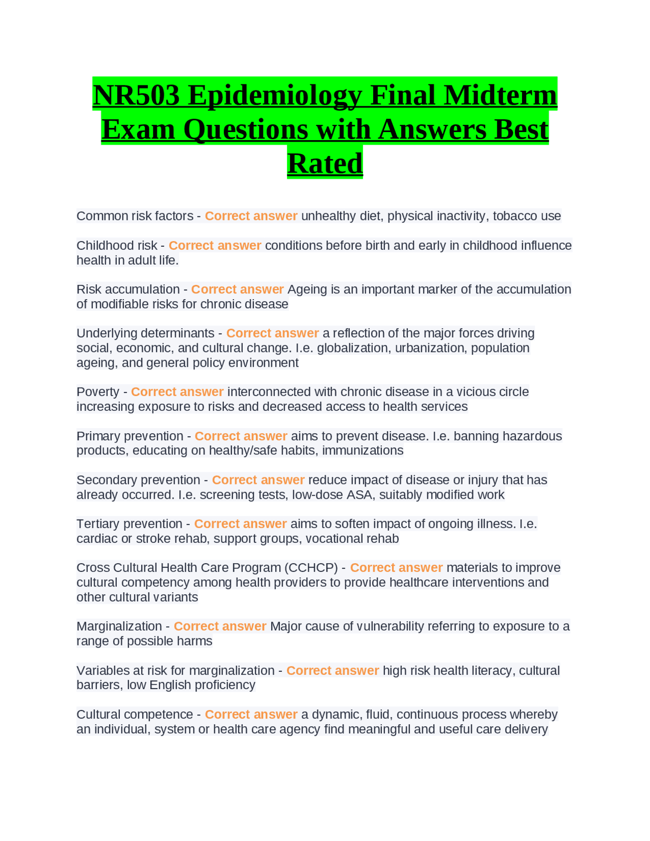 NR503 Epidemiology Final Midterm Exam Questions with Answers Best Rated | Exams Biology | Docsity