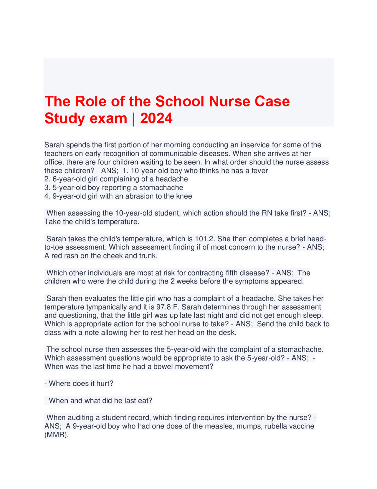 The Role of the School Nurse Case Study exam 2024 | Exams Nursing | Docsity