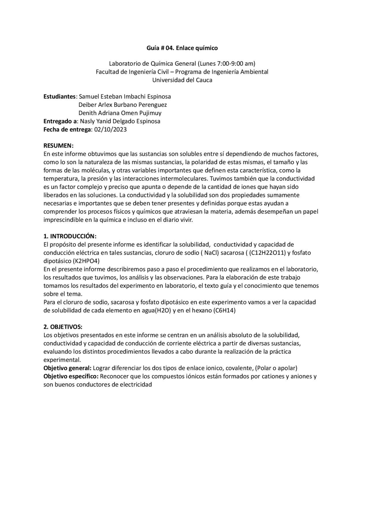 Informe de laboratorio química general practica 4 | Ejercicios de Química | Docsity