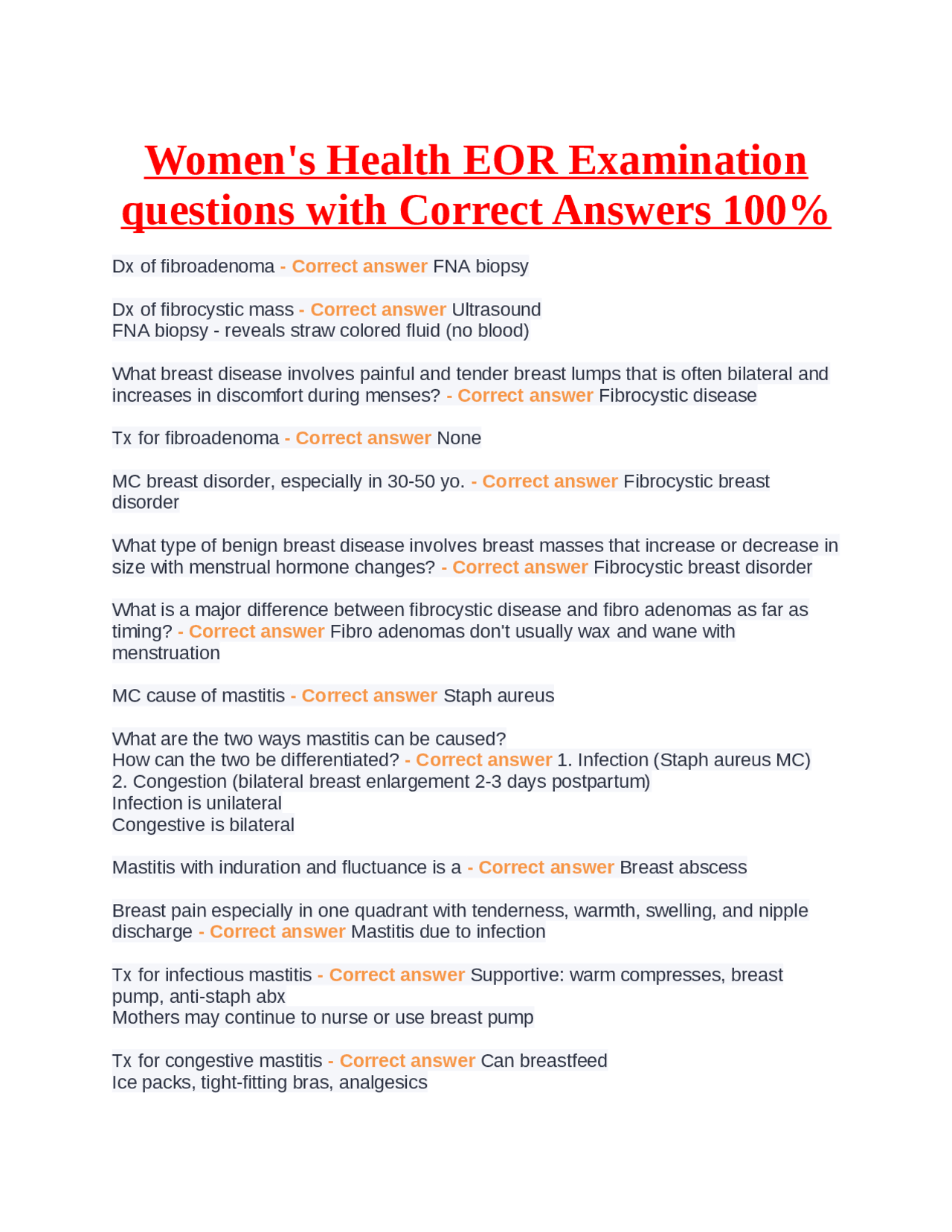 Women's Health EOR Examination questions with Correct Answers 100% ...