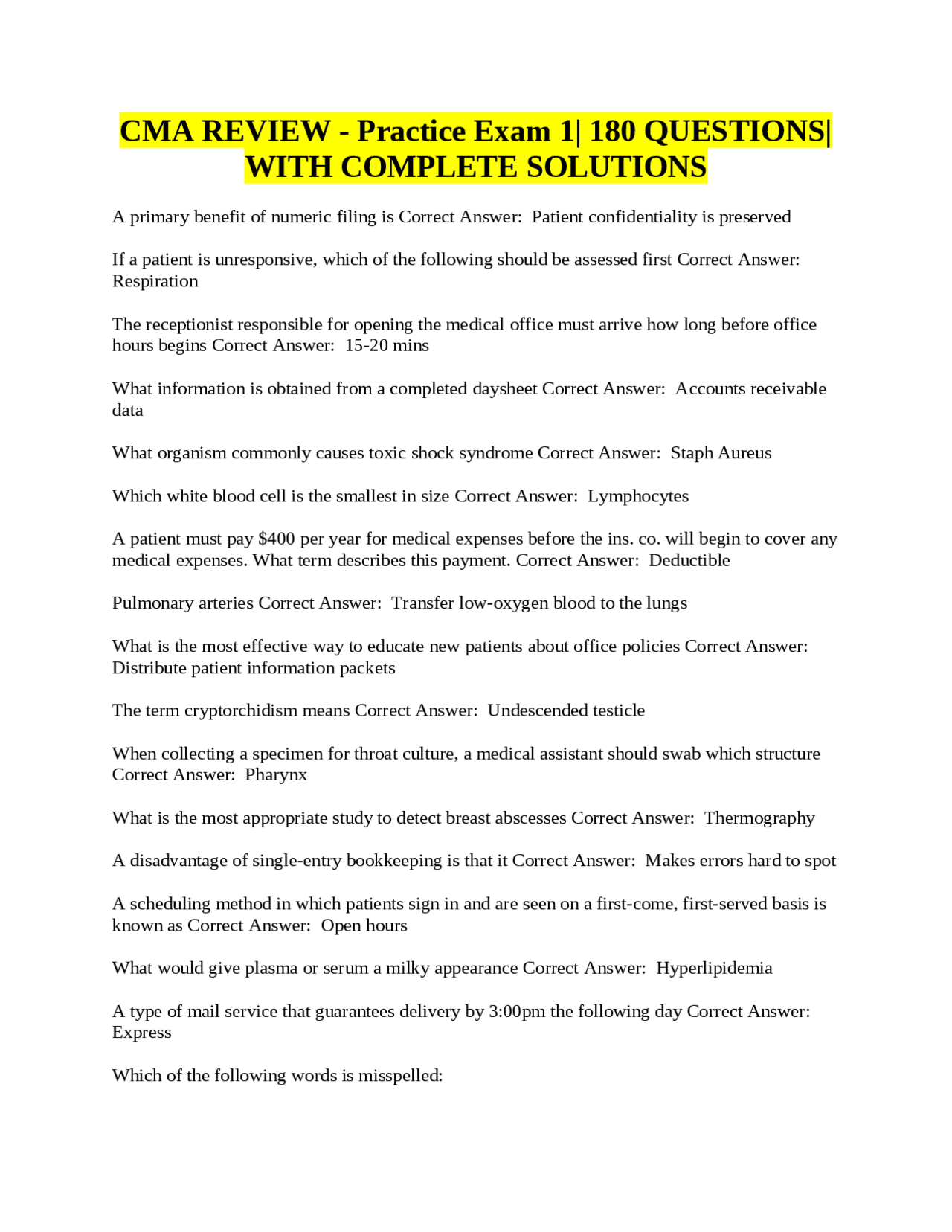 CMA REVIEW - Practice Exam 1 180 QUESTIONS WITH COMPLETE SOLUTIONS 2024 ...