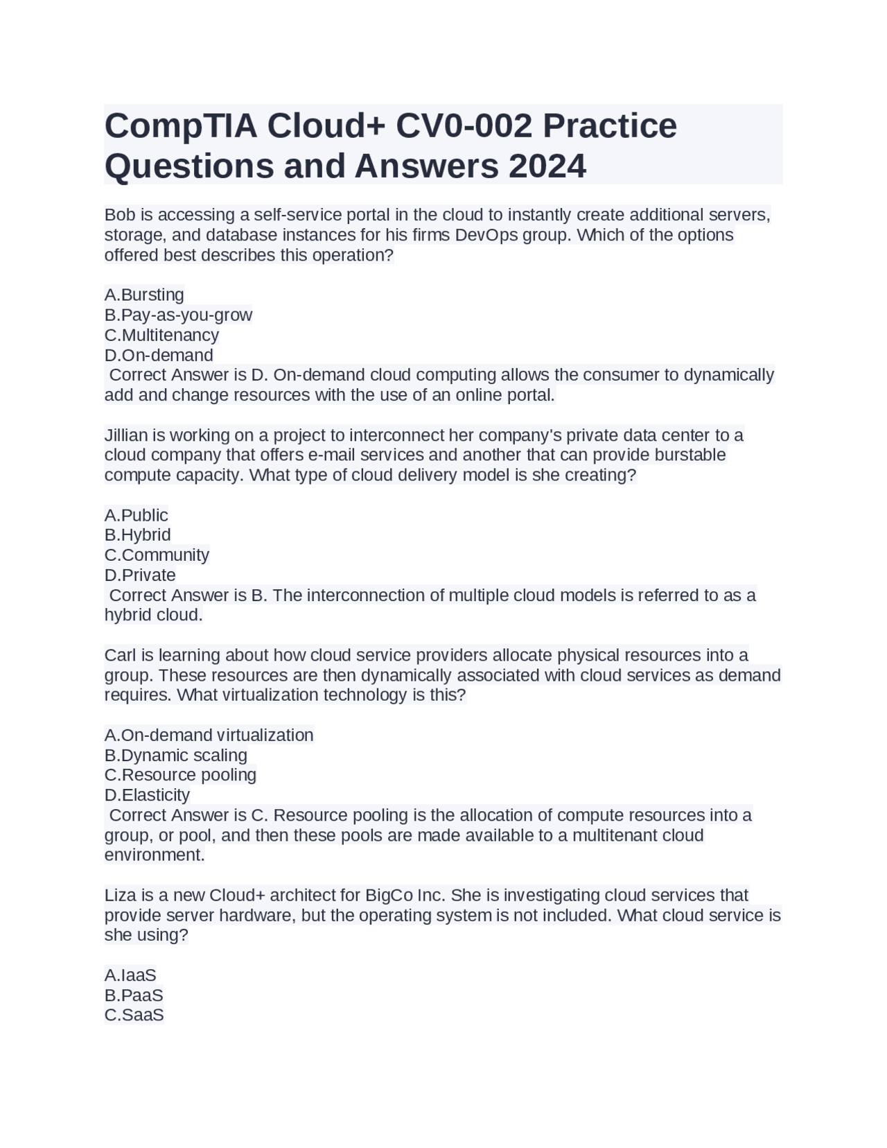 CompTIA Cloud+ CV0-002 Practice Questions and Answers 2024 | Exams Nursing | Docsity