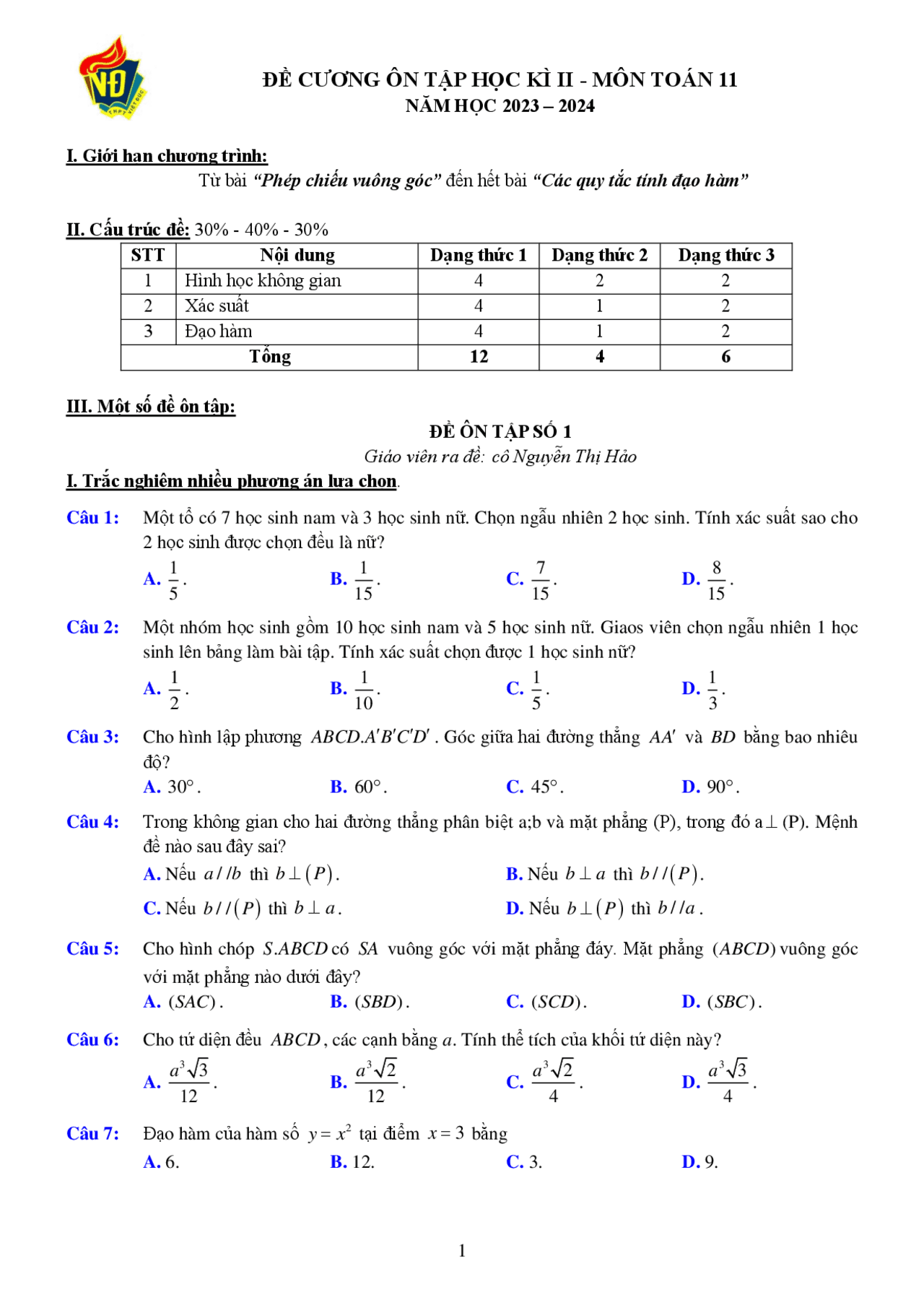 Math documents of Viet Duc High | Exercises Mathematics | Docsity