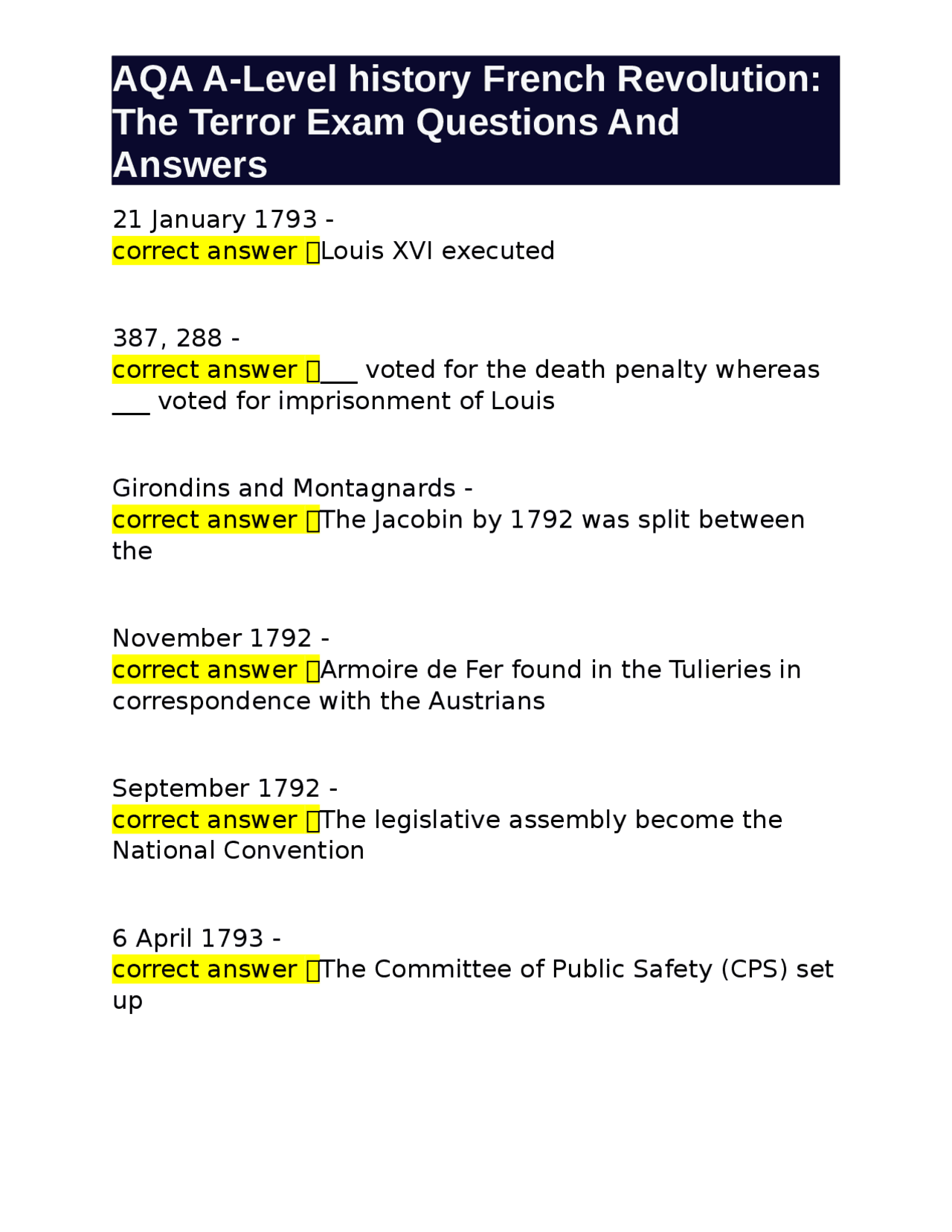 AQA A-Level history French Revolution: The Terror Exam Questions And ...