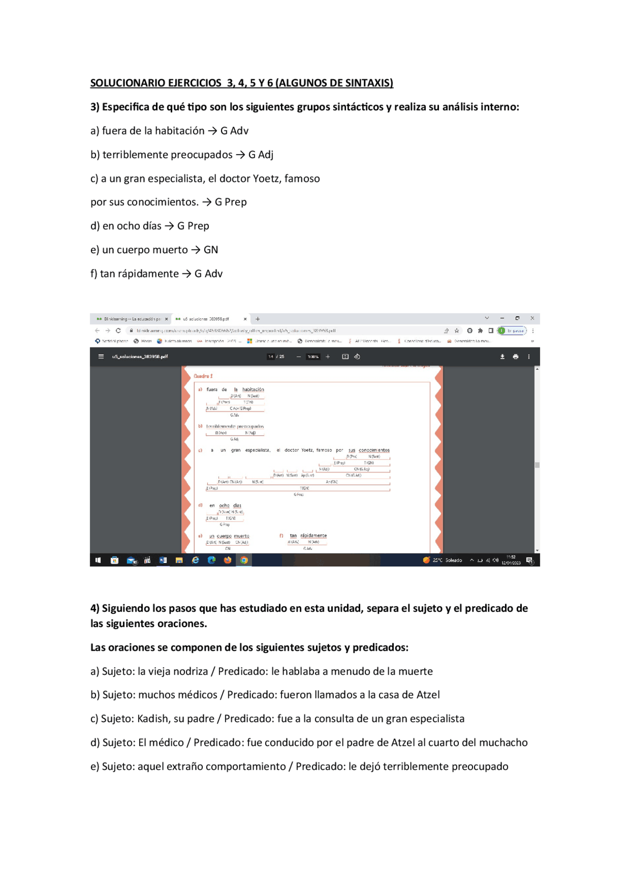 Solución ejercicios 3,4,5 y 6 de sintaxis | Ejercicios de Lengua y Literatura | Docsity
