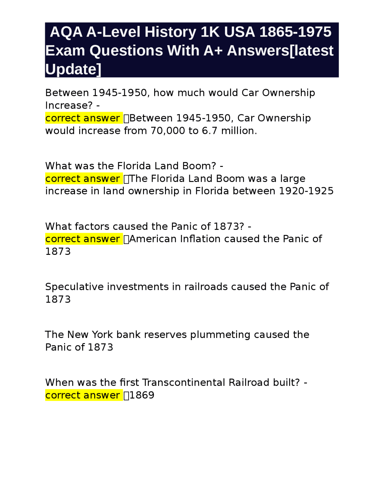 AQA A-Level History 1K USA 1865-1975 Exam Questions With A+ Answers ...