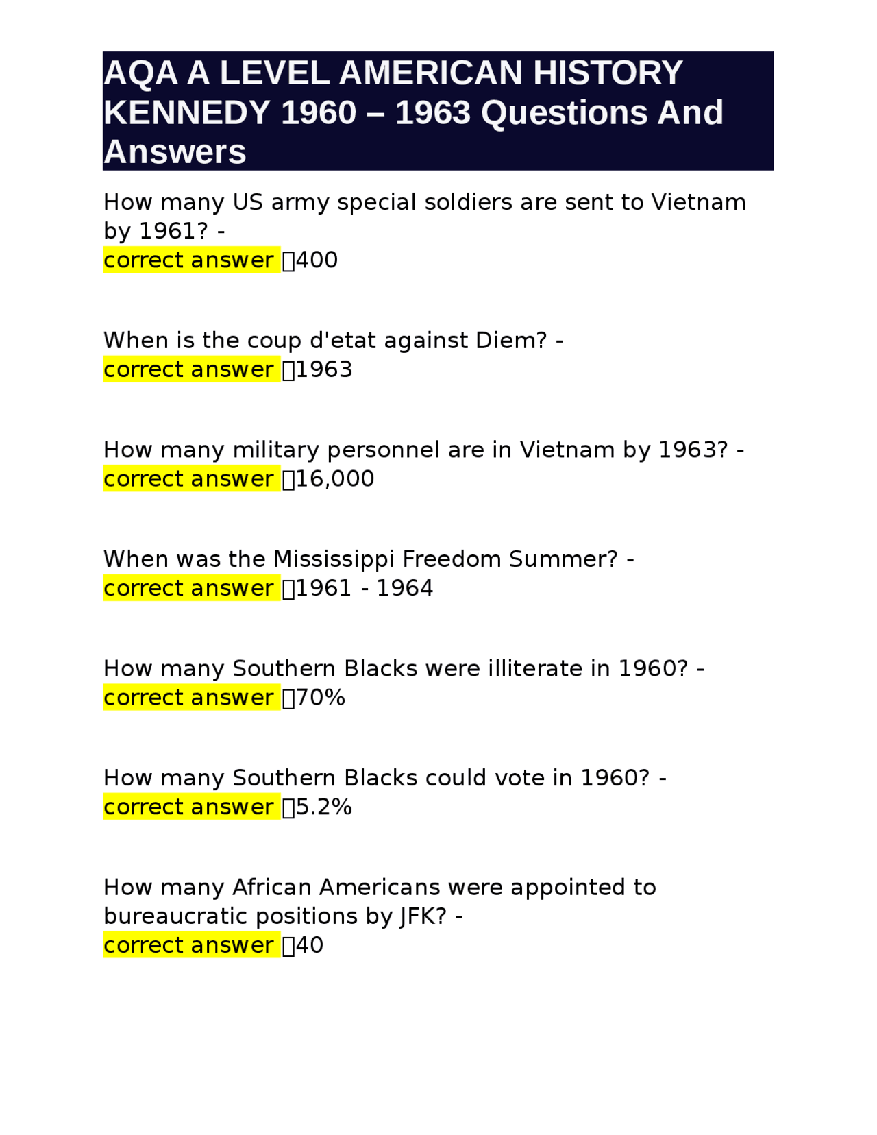 AQA A LEVEL AMERICAN HISTORY KENNEDY 1960 – 1963 Questions And Answers ...