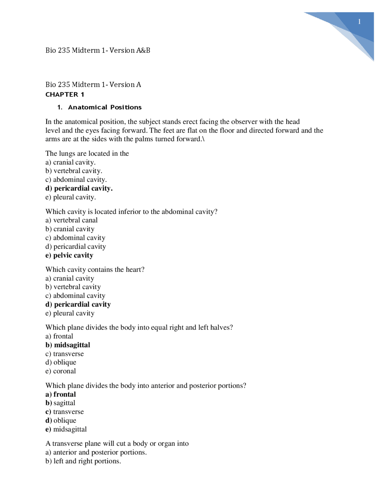 Athabasca University, Athabasca Bio 235 Midterm 1- Version A&B | Exams Nursing | Docsity