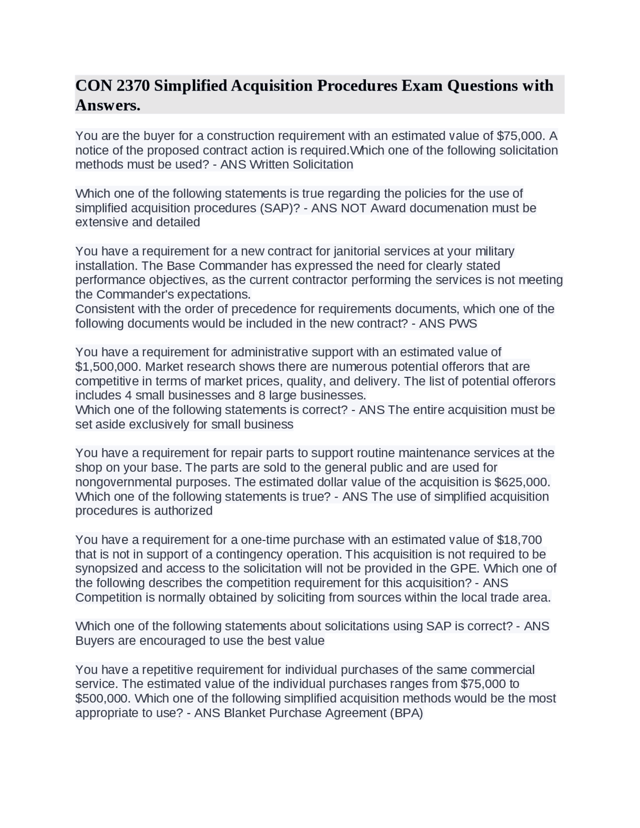 CON 2370 Simplified Acquisition Procedures Exam Questions with Answers ...