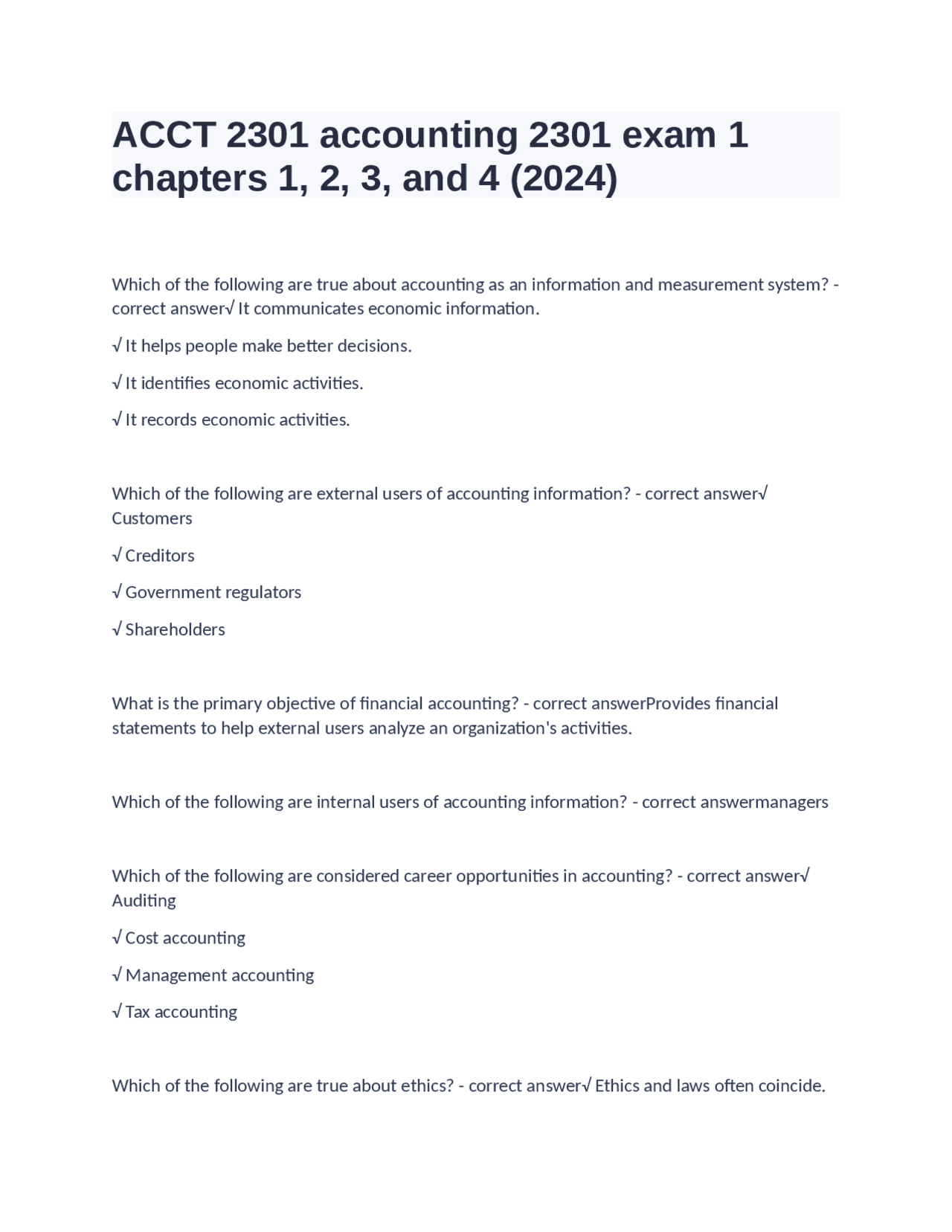 ACCT 2301 accounting 2301 exam 1 chapters 1, 2, 3, and 4 (2024) | Exams Management Accounting ...