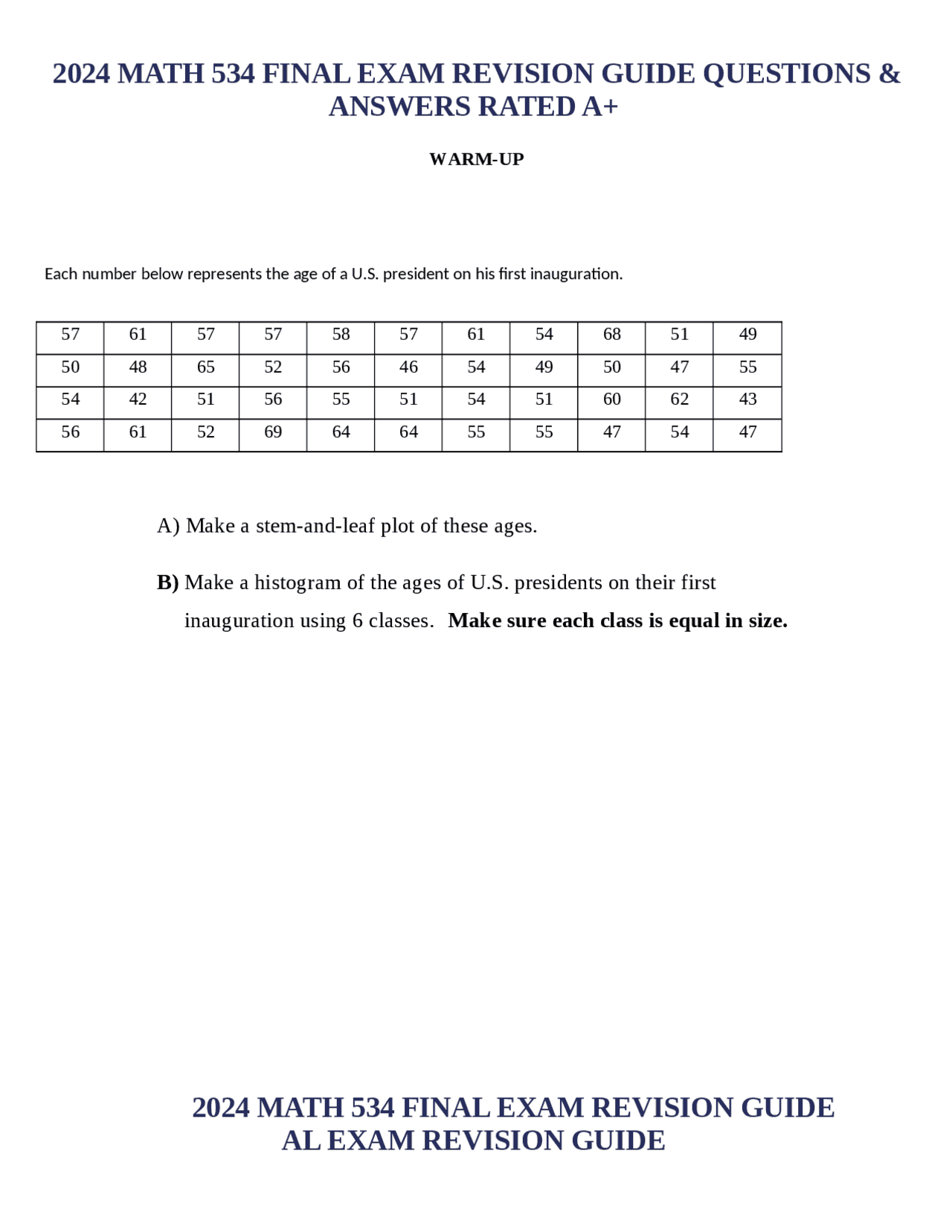 2024 MATH 534 FINAL EXAM REVISION GUIDE QUESTIONS & ANSWERS RATED A+ ...
