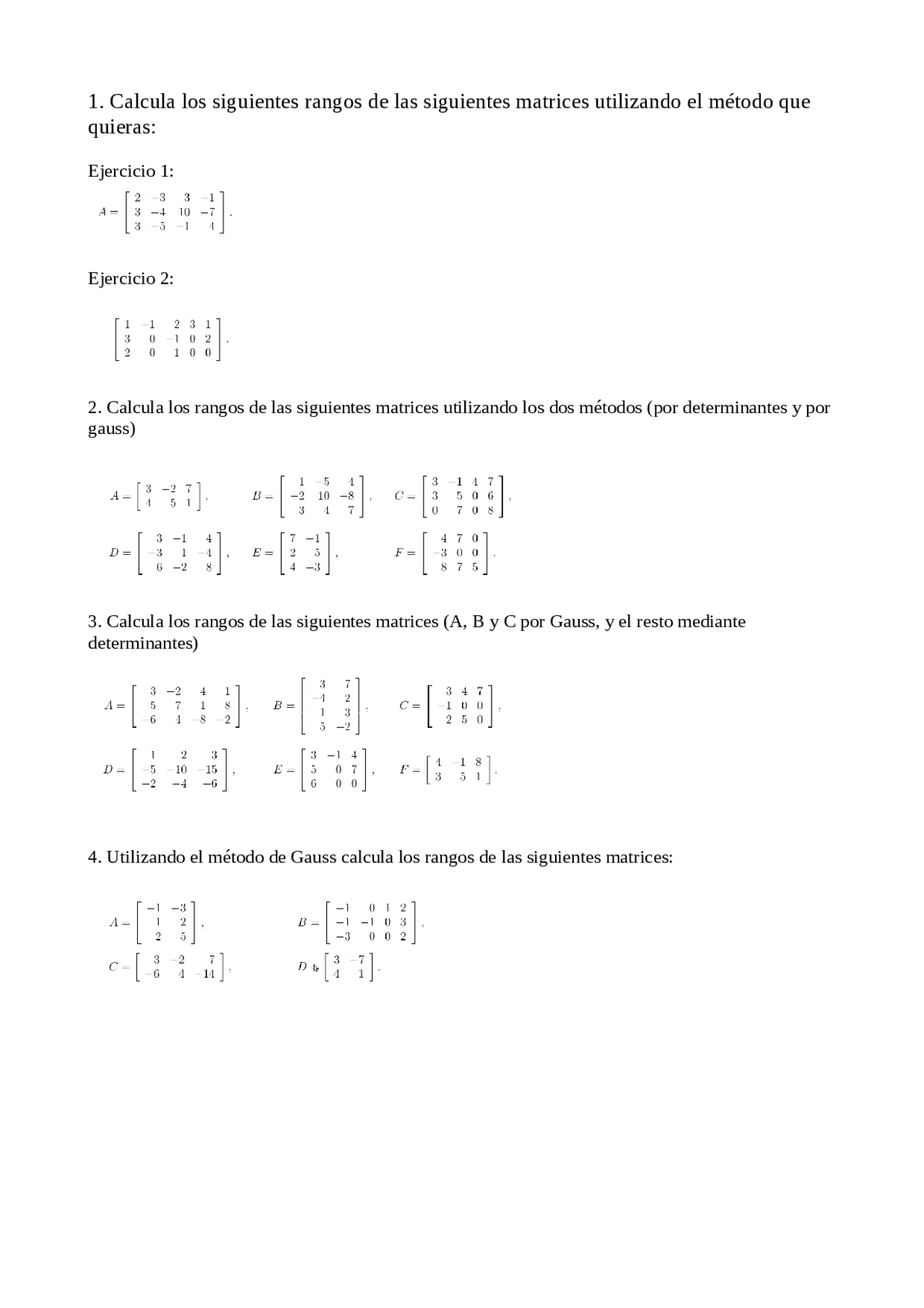 Ejercicios de matrices. | Ejercicios de Matemáticas | Docsity