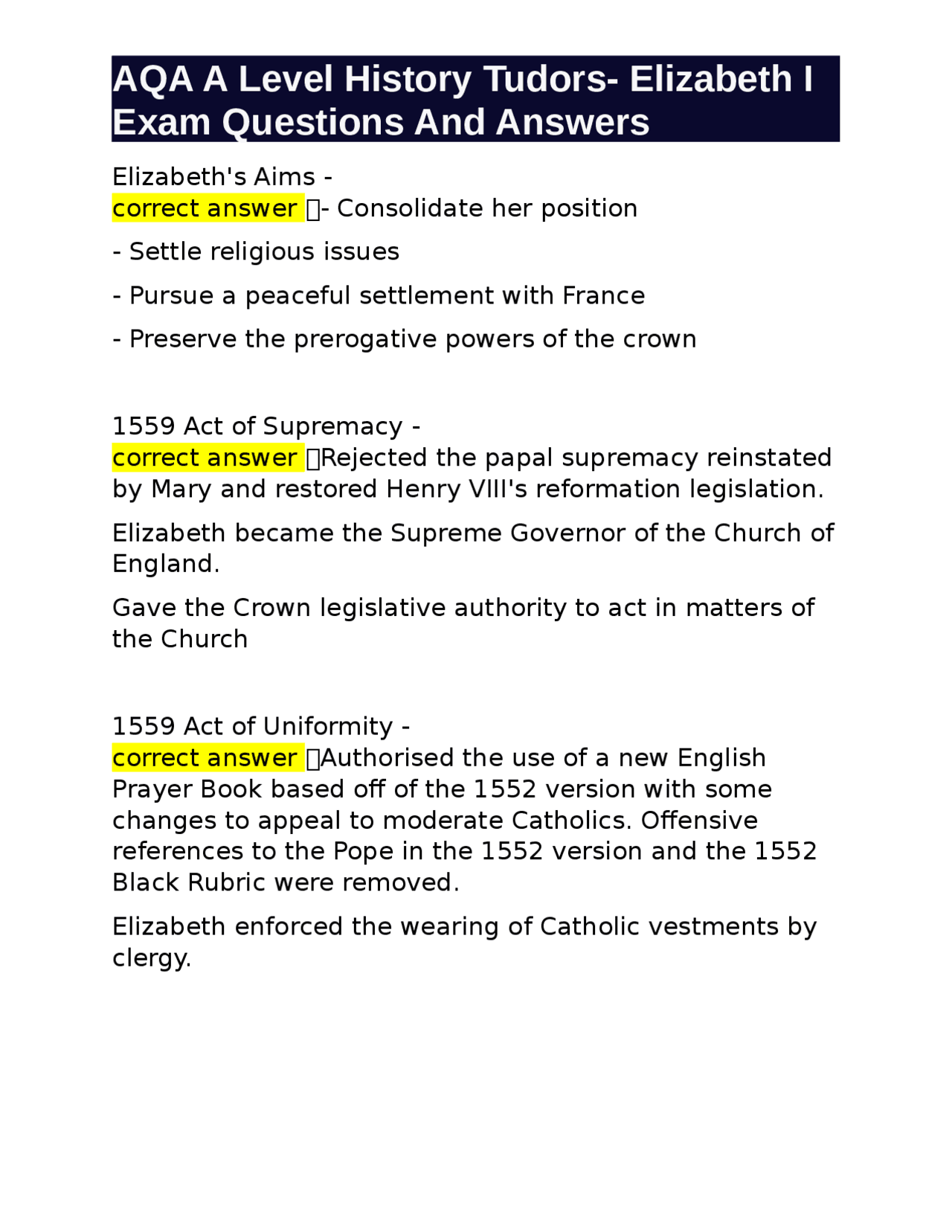 AQA A Level History Tudors- Elizabeth I Exam Questions And Answers ...