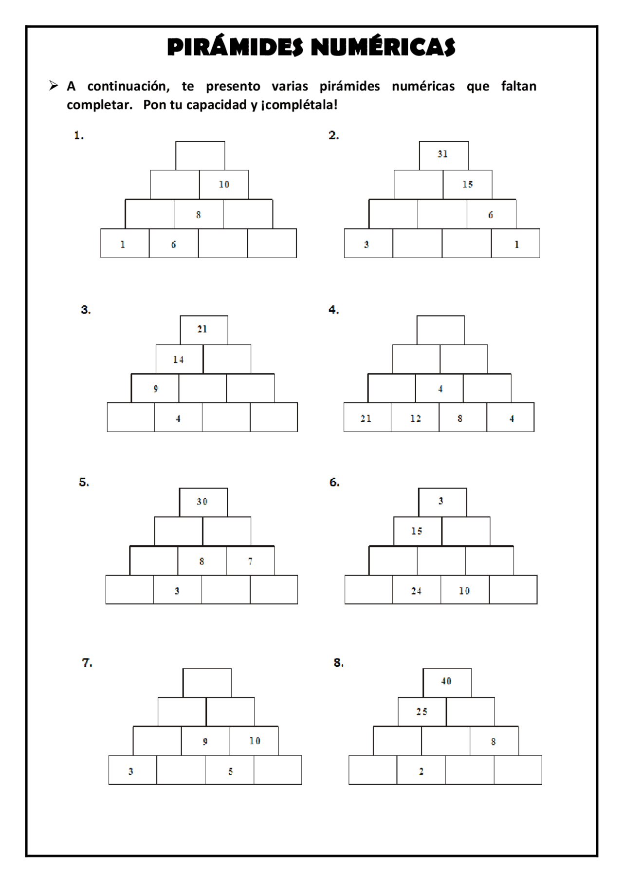 Piramides númericas sumas y restas | Ejercicios de Matemática educativa ...