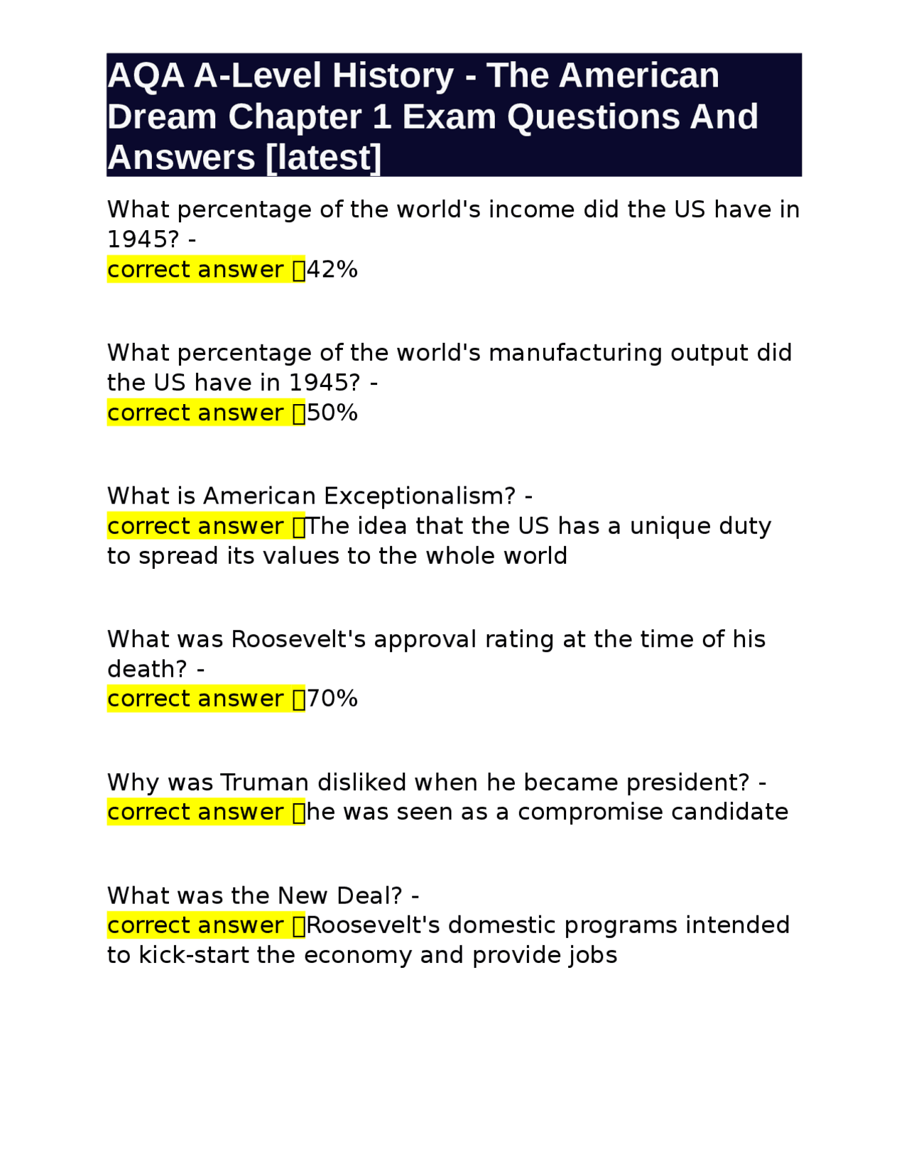 AQA A-Level History - The American Dream Chapter 1 Exam Questions And ...