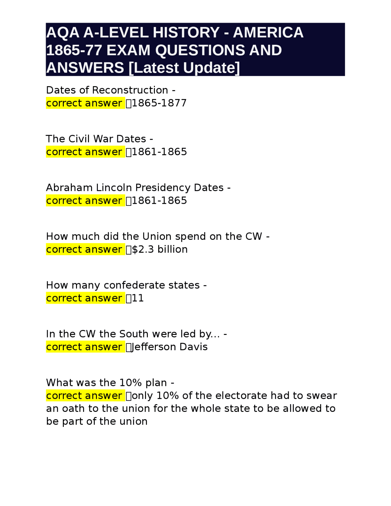 AQA A-Level History Exam Questions and Answers for America 1865-77 ...