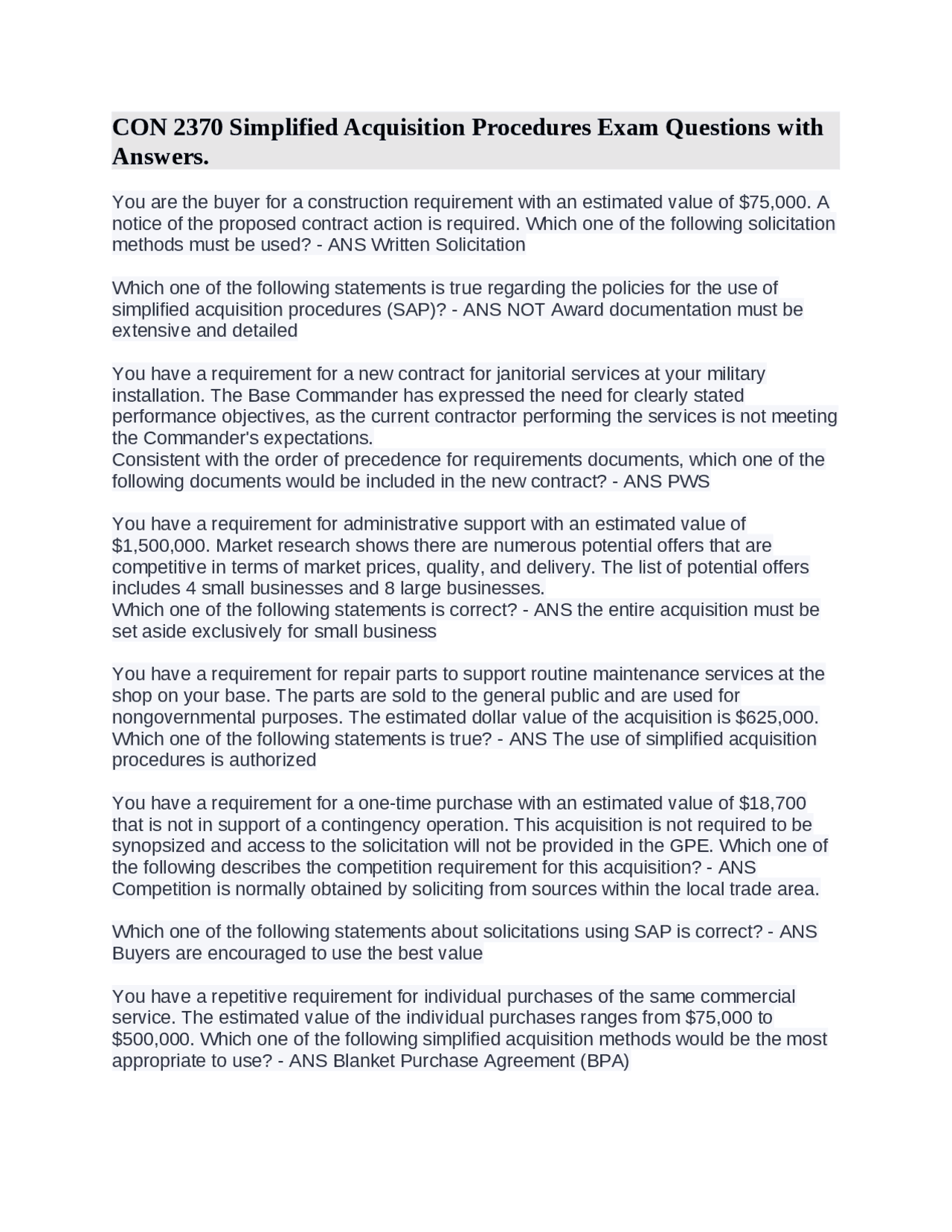 CON 2370 Simplified Acquisition Procedures Exam Questions with Answers ...