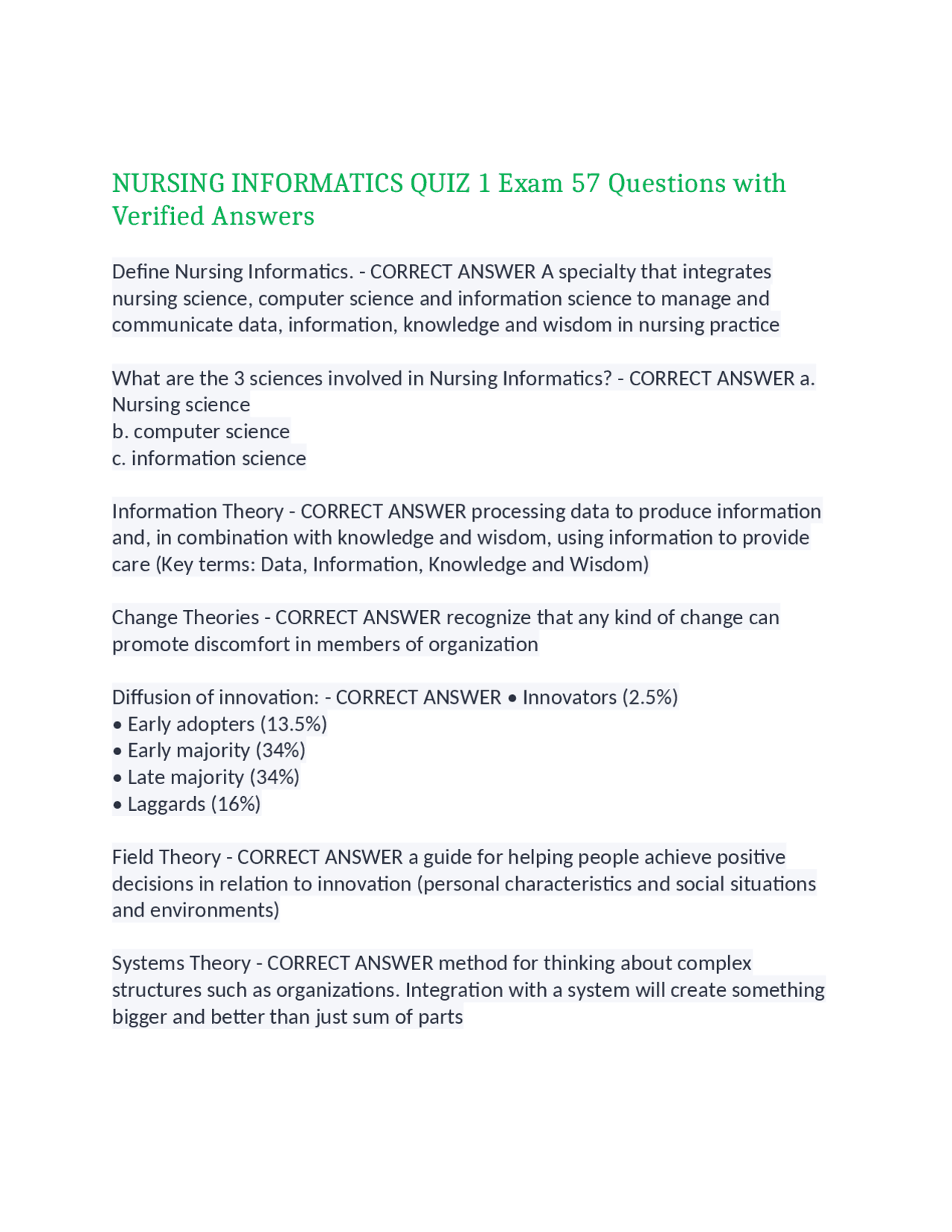 NURSING INFORMATICS QUIZ 1 Exam 57 Questions with Verified Answers,100% ...