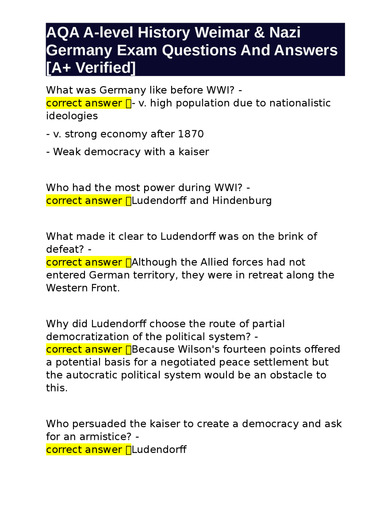 AQA A-level History Weimar & Nazi Germany Exam Questions And Answers ...