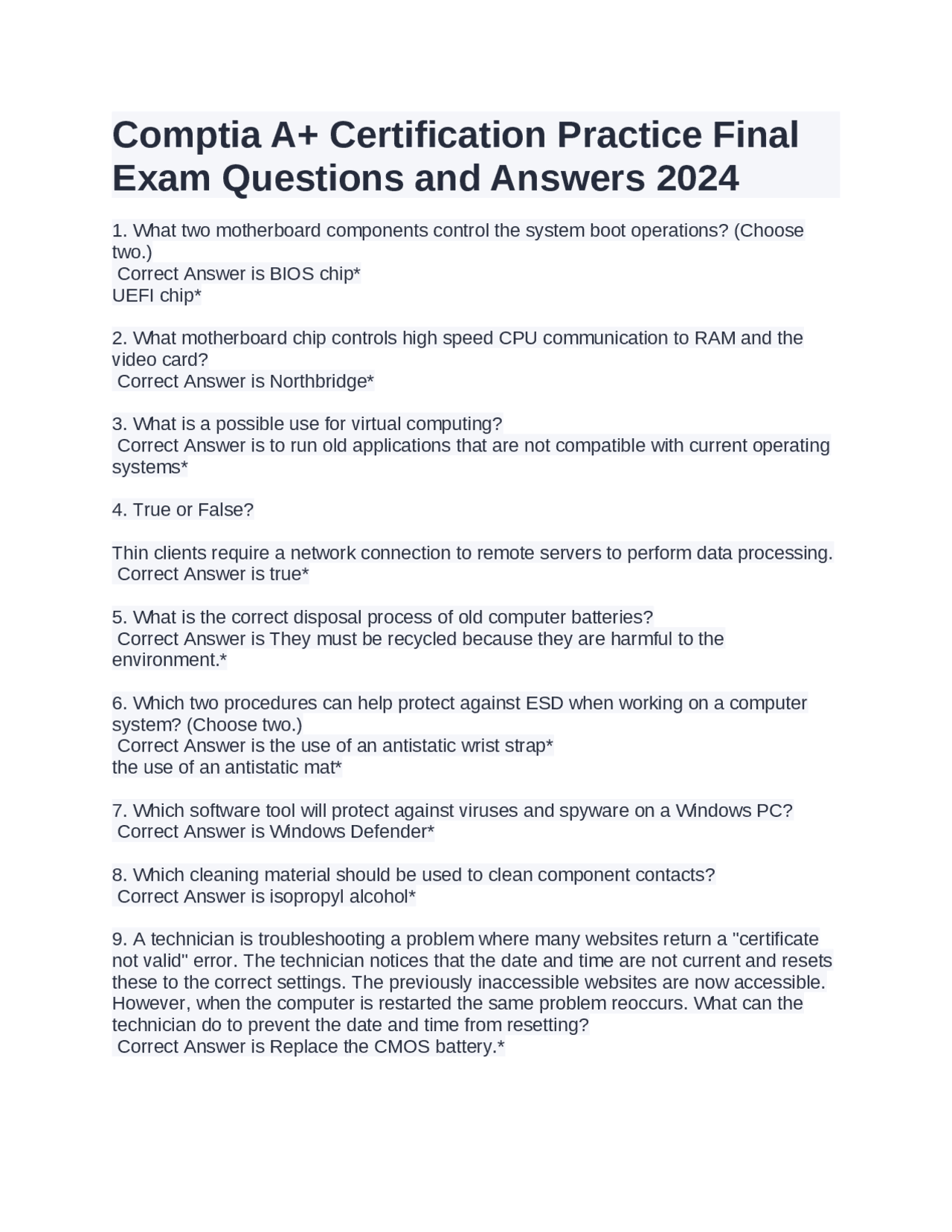 Comptia A+ Certification Practice Final Exam Questions and Answers 2024 ...