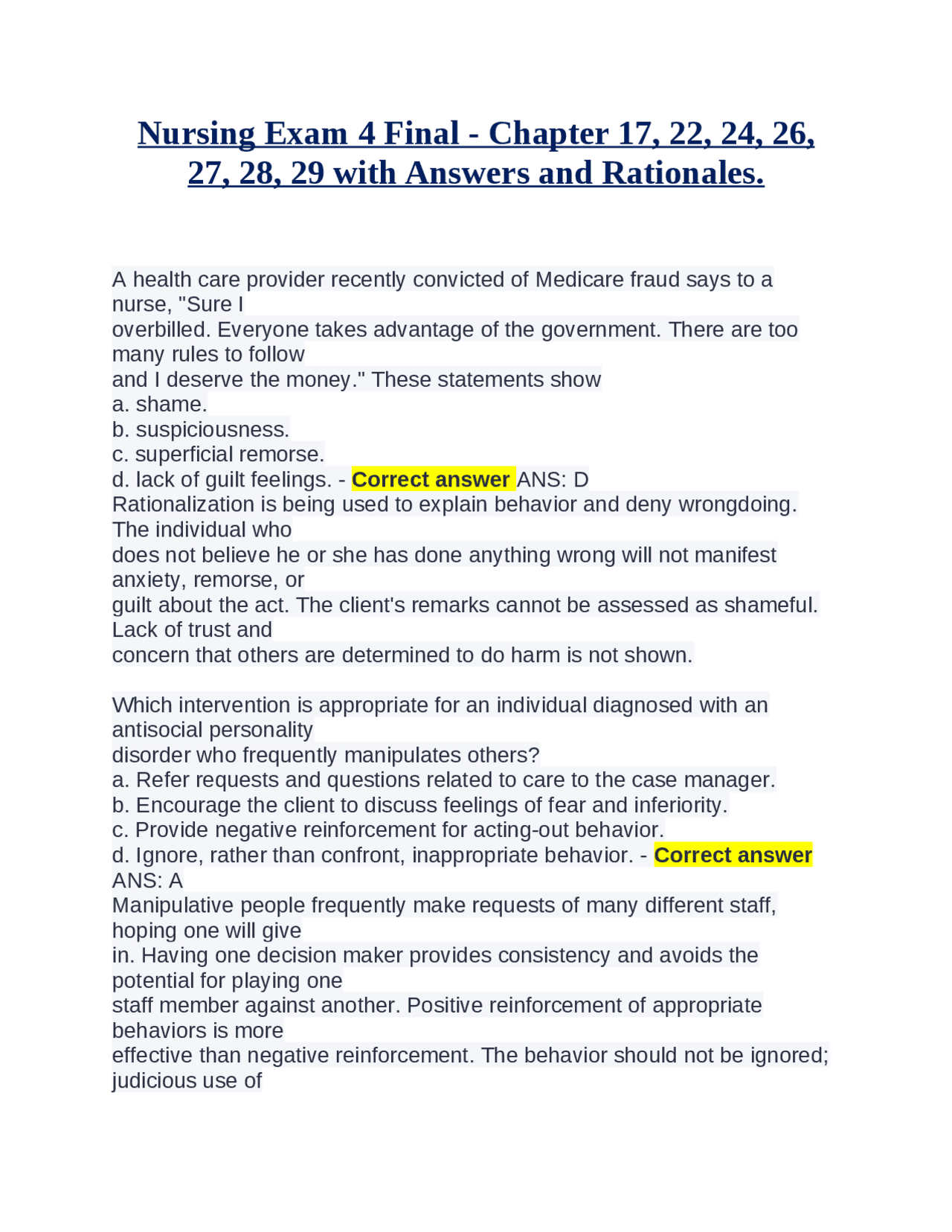Nursing Exam 4 Final - Chapter 17, 22, 24, 26, 27, 28, 29 with Answers ...