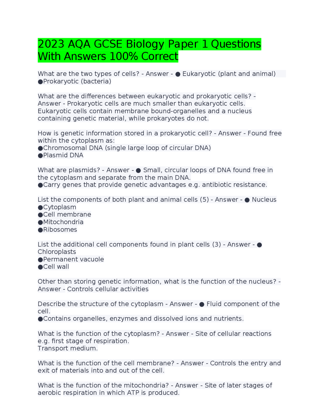 2023 AQA GCSE Biology Paper 1 Questions With Answers 100% Correct ...