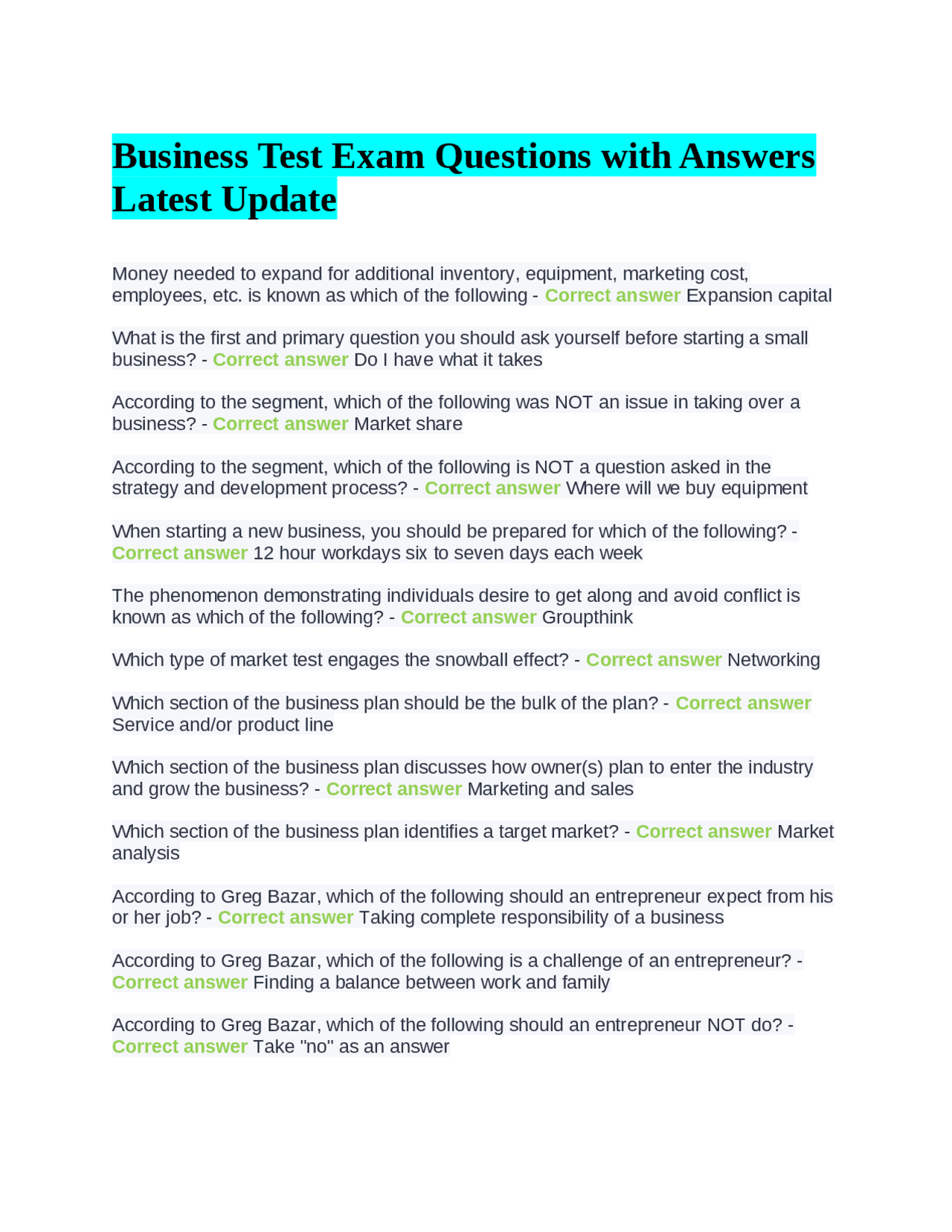 Business Test Exam Questions with Answers Latest Update | Exams ...