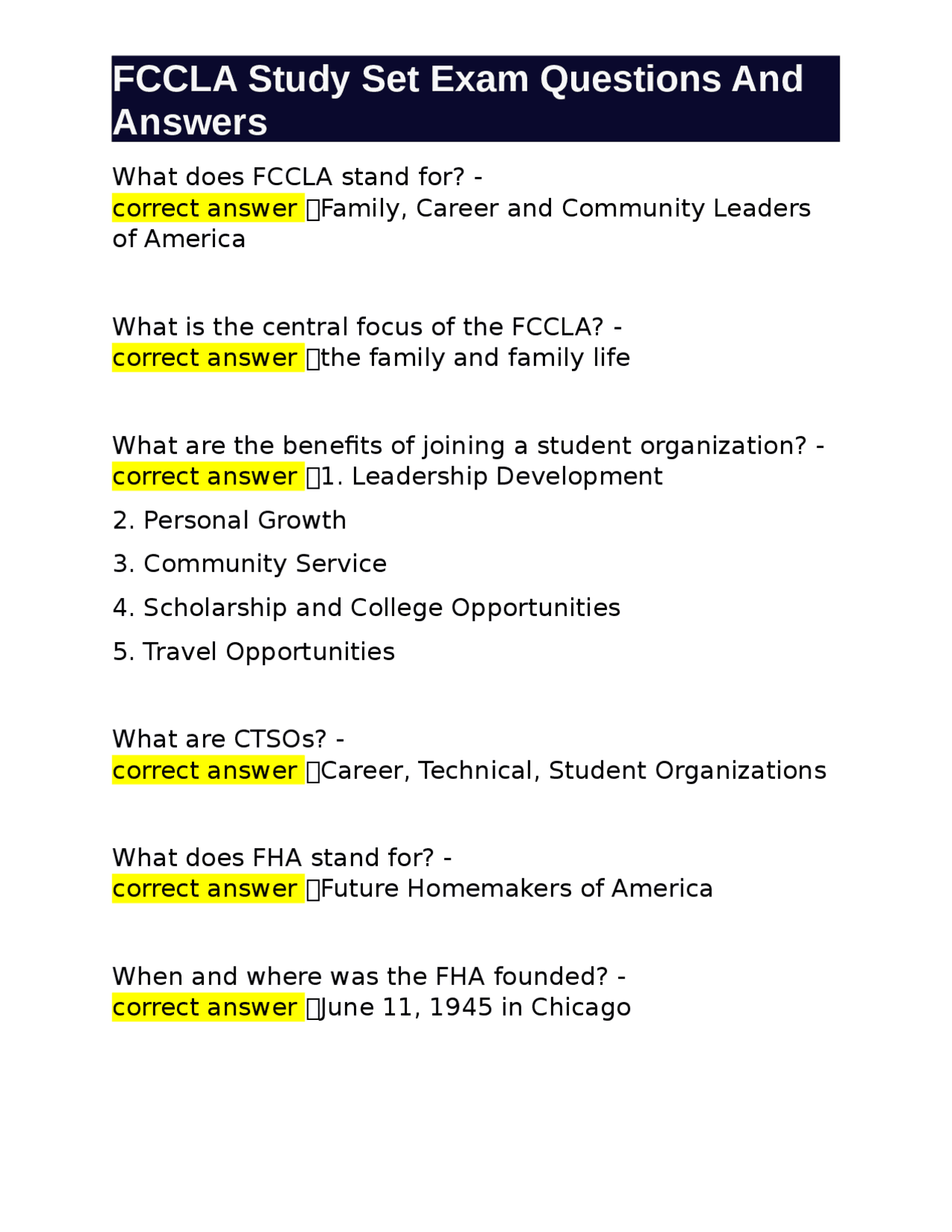 FCCLA Study Set: Exam Questions and Answers | Exams Community ...