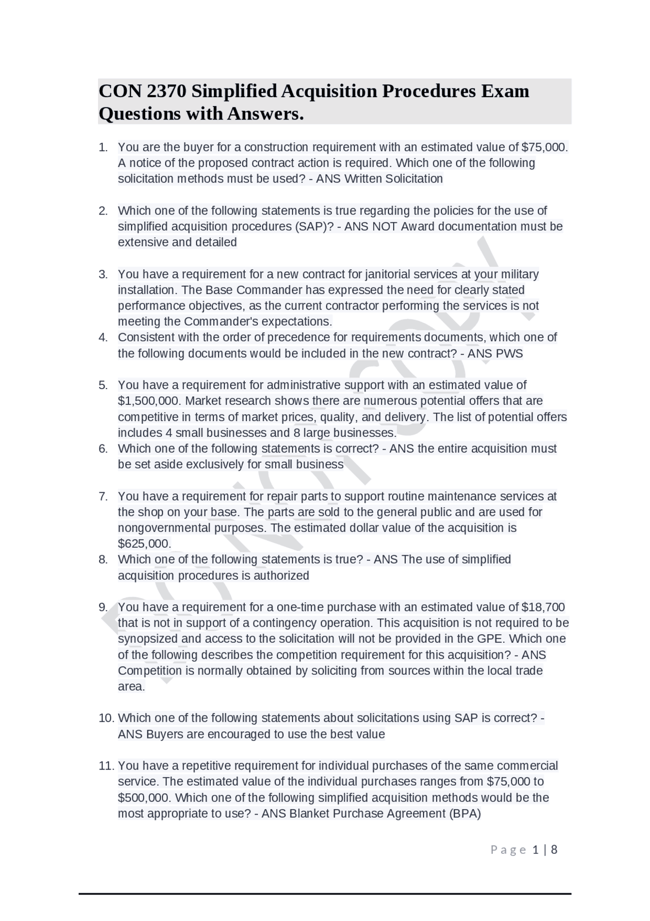 CON 2370 Simplified Acquisition Procedures Exam Questions with Answers ...