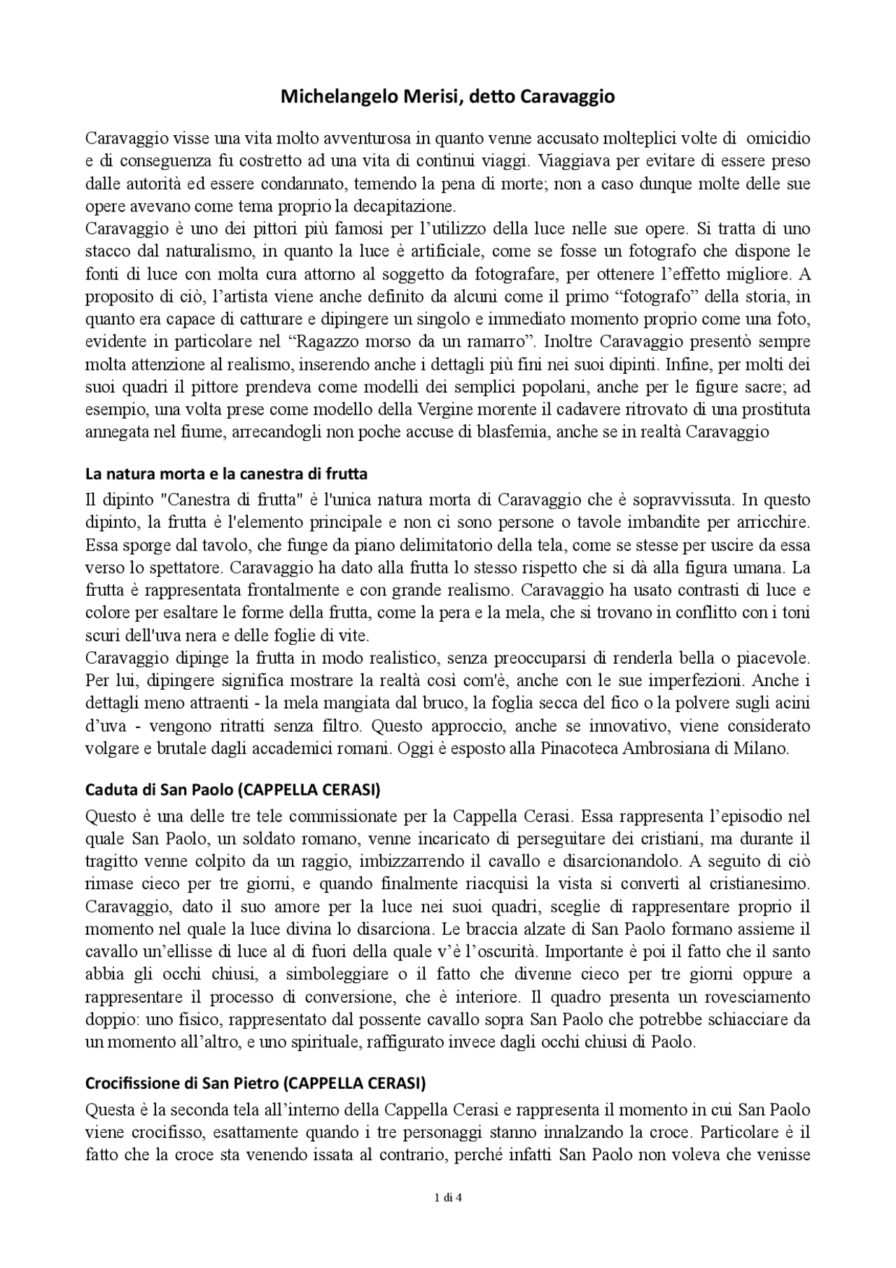 Caravaggio: L'arte e la vita di Michelangelo Merisi | Appunti di ...