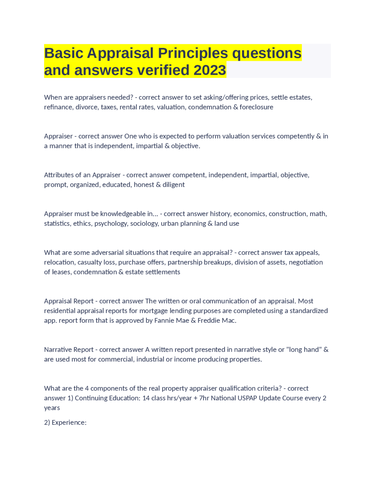 Basic Appraisal Principles questions and answers verified 2023 | Exams ...