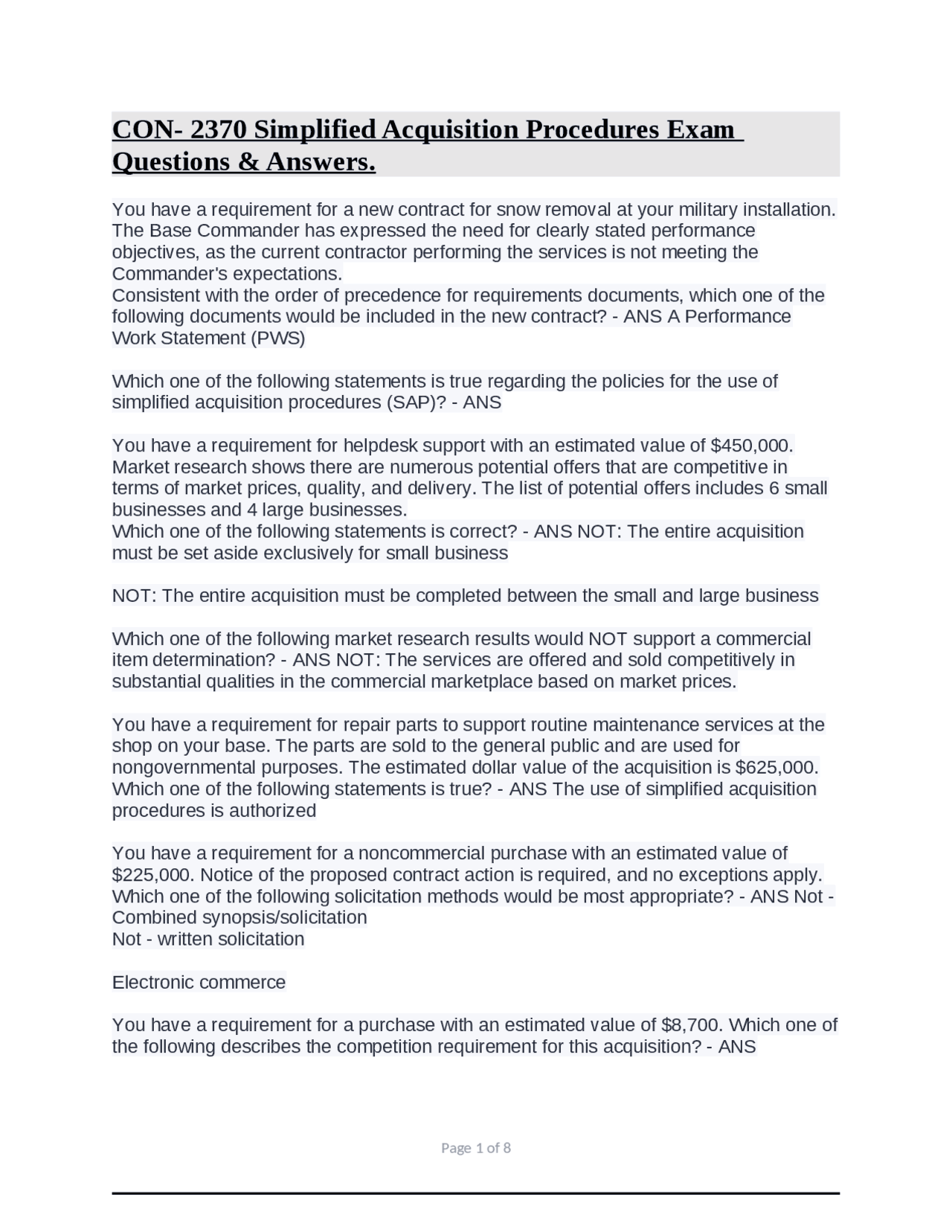 CON- 2370 Simplified Acquisition Procedures Exam Questions & Answers ...