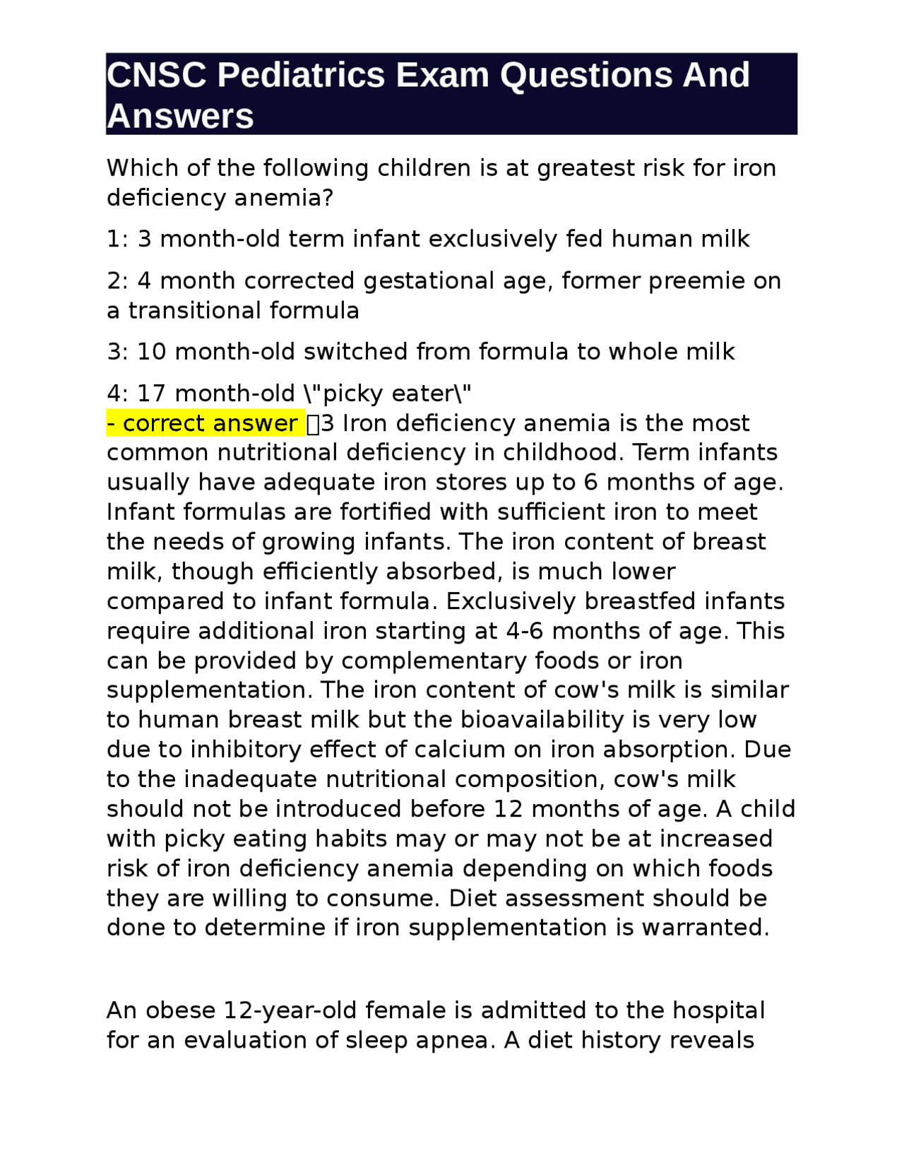 CNSC Pediatrics Exam Questions And Answers | Exams Pediatrics | Docsity