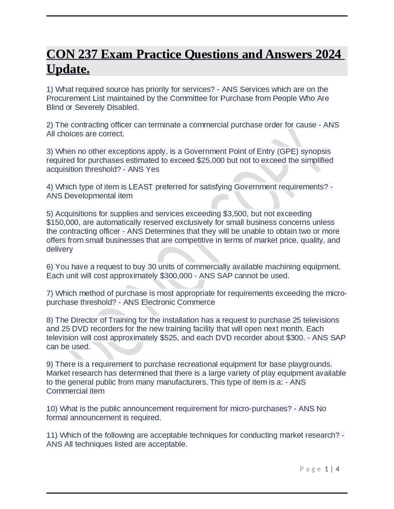 Exam Practice Questions and Answers for Federal Procurement Regulations ...