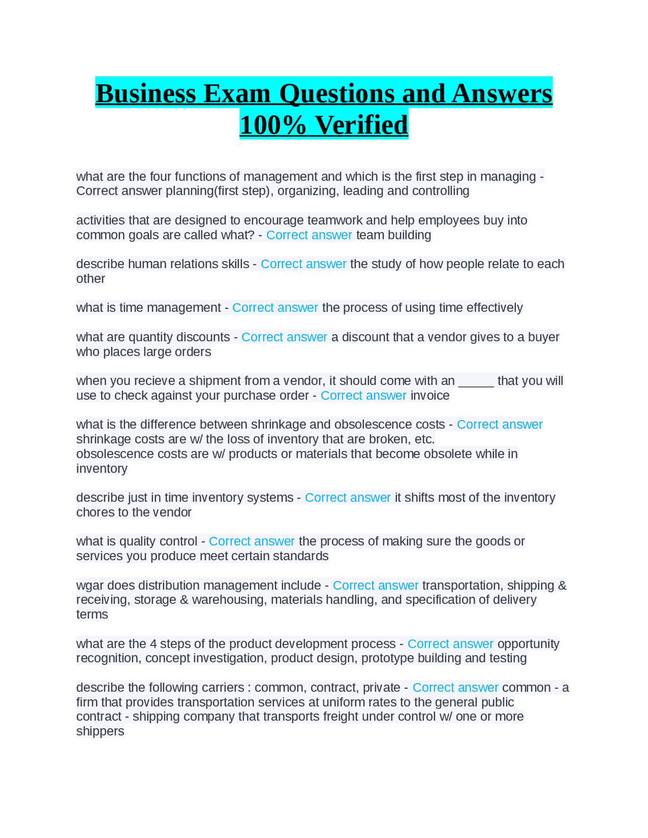 Business Management Exam Questions and Answers | Exams Business ...