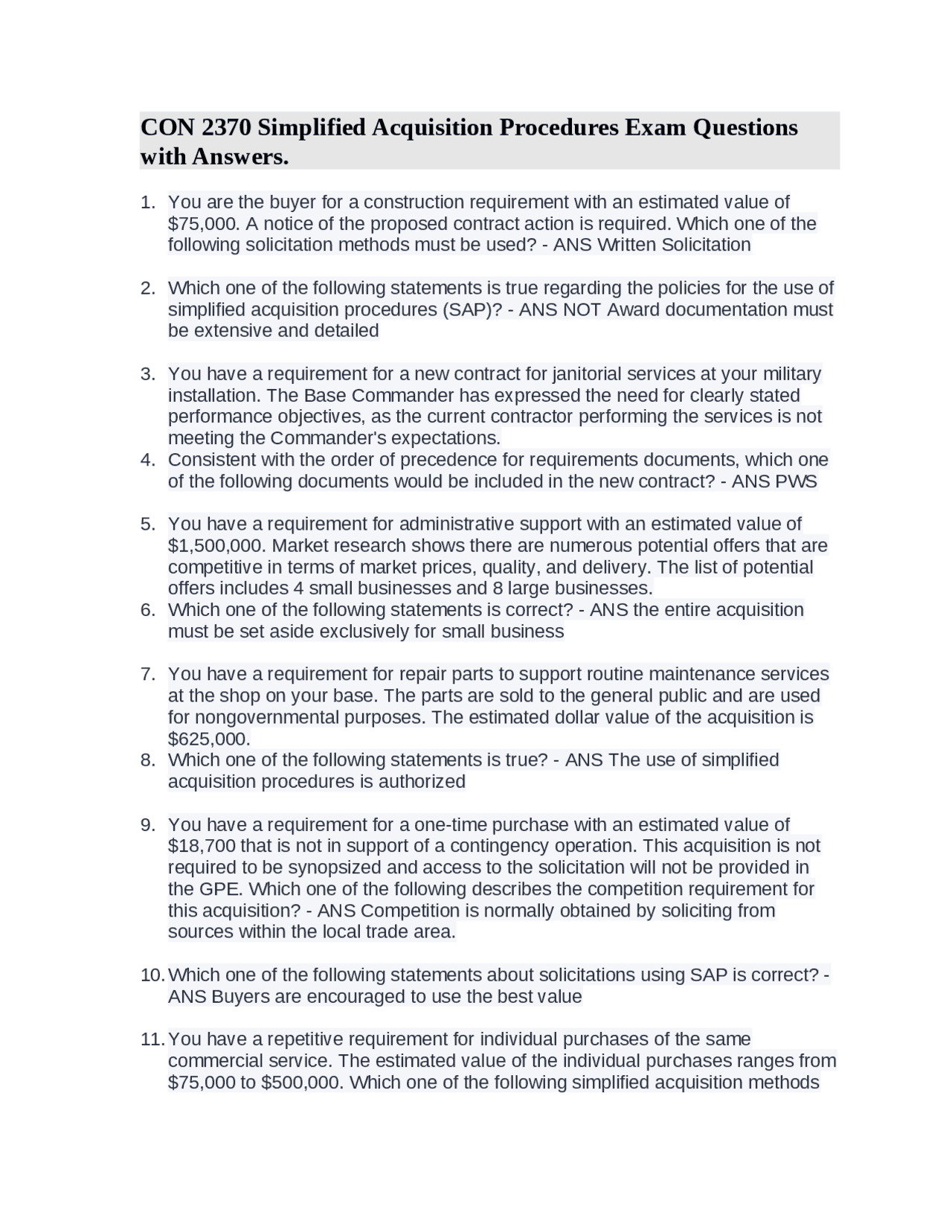 CON 2370 Simplified Acquisition Procedures Exam Questions with Answers ...