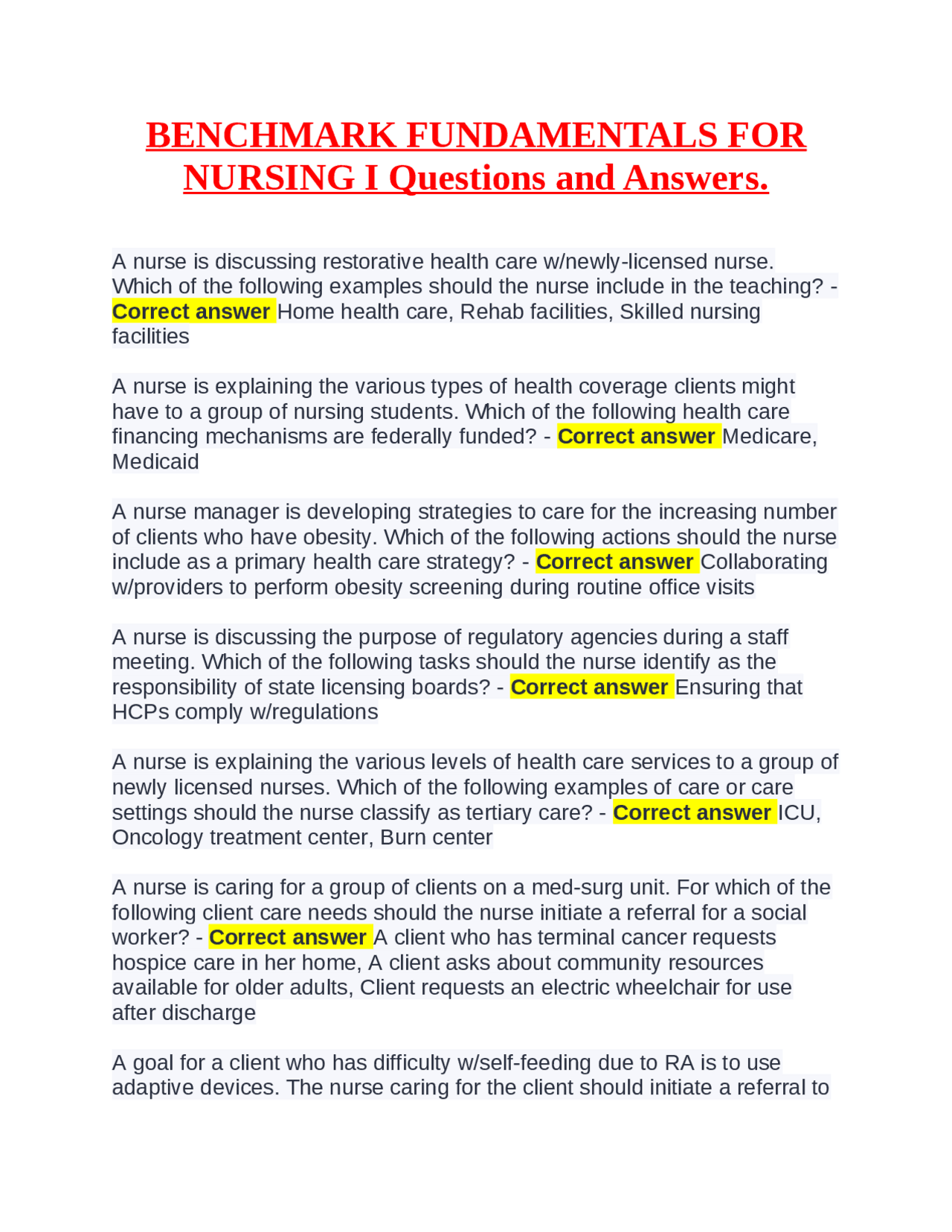 Benchmark Fundamentals for Nursing: Questions and Answers | Exams ...