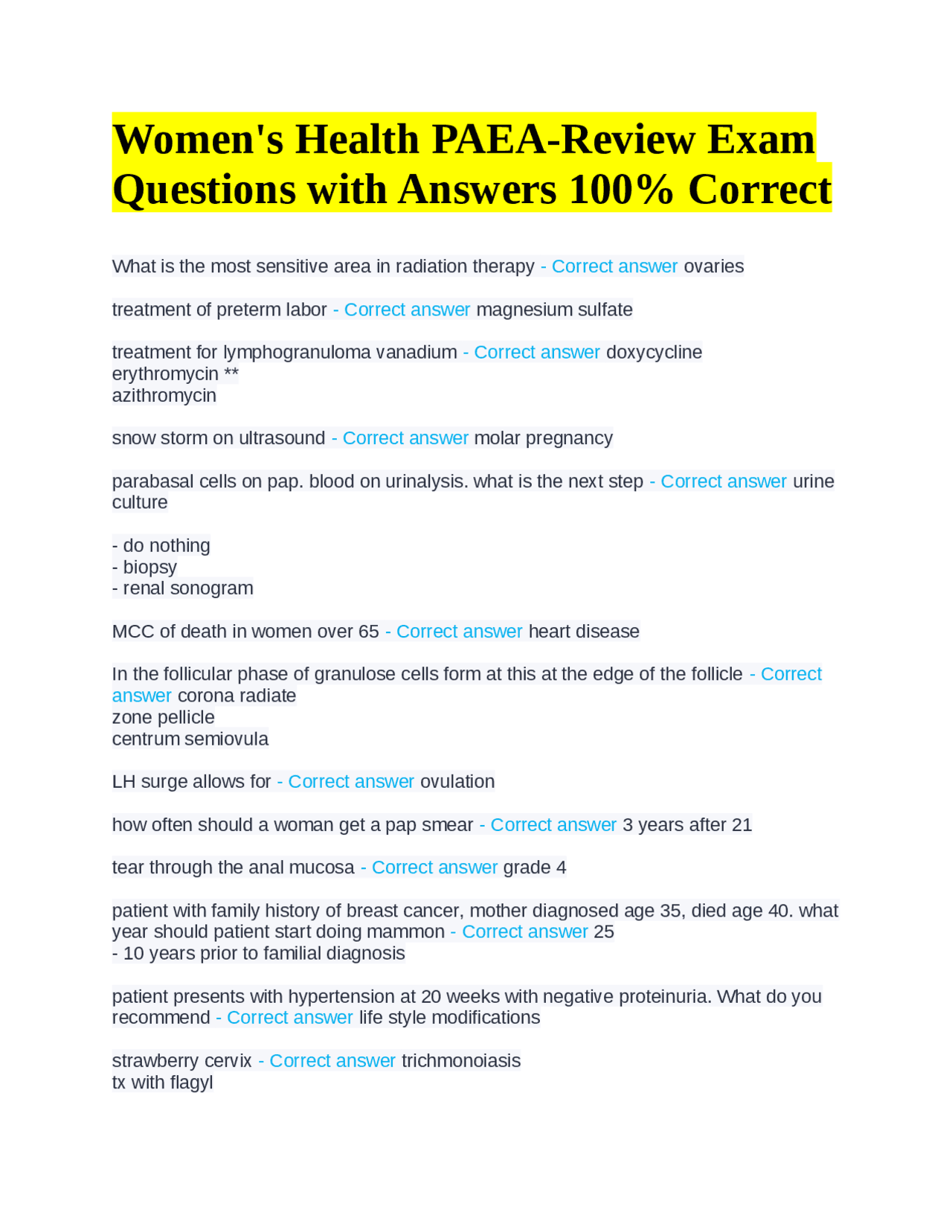 Women's Health PAEA-Review Exam Questions with Answers 100% Correct ...
