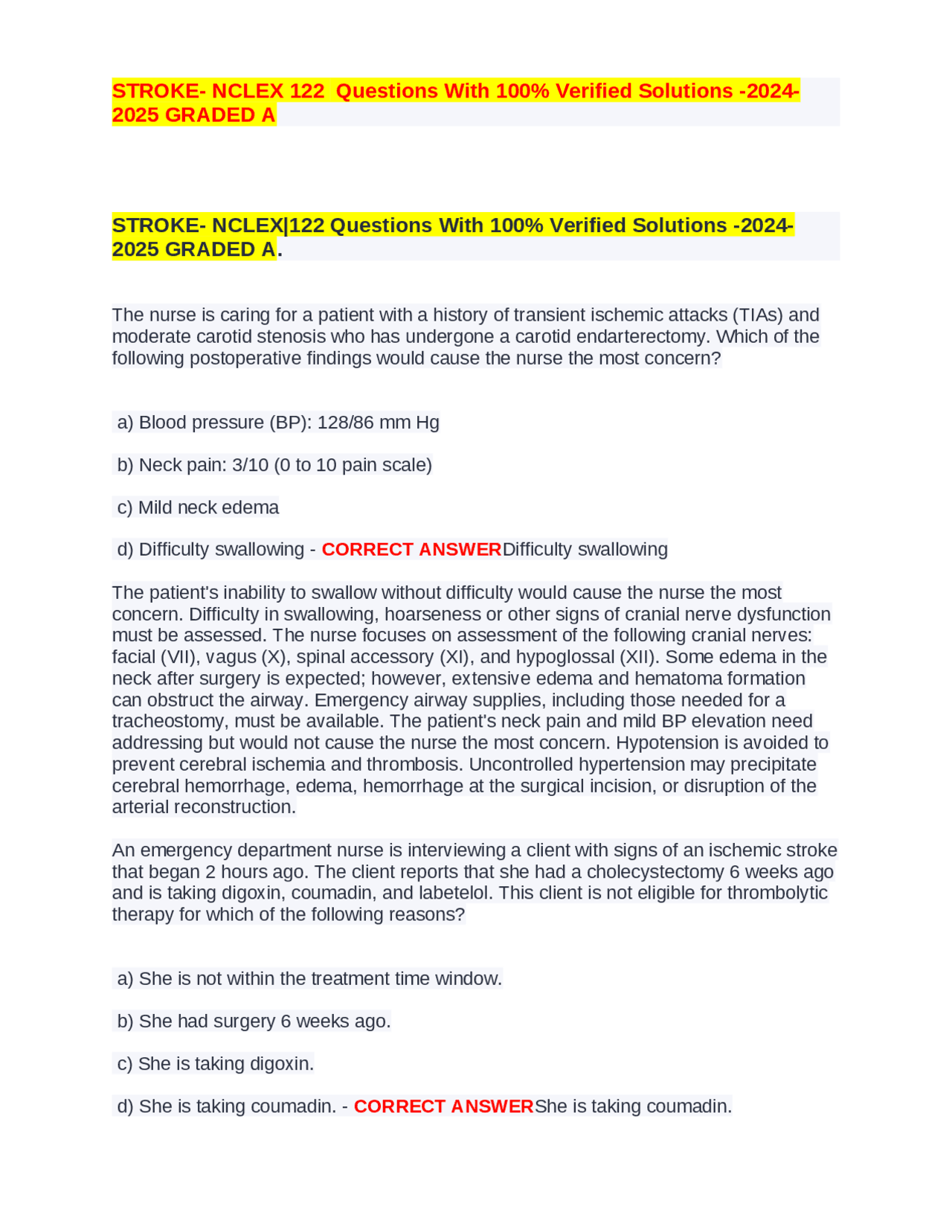 STROKE- NCLEX|122 Questions With 100% Verified Solutions -2024-2025 ...