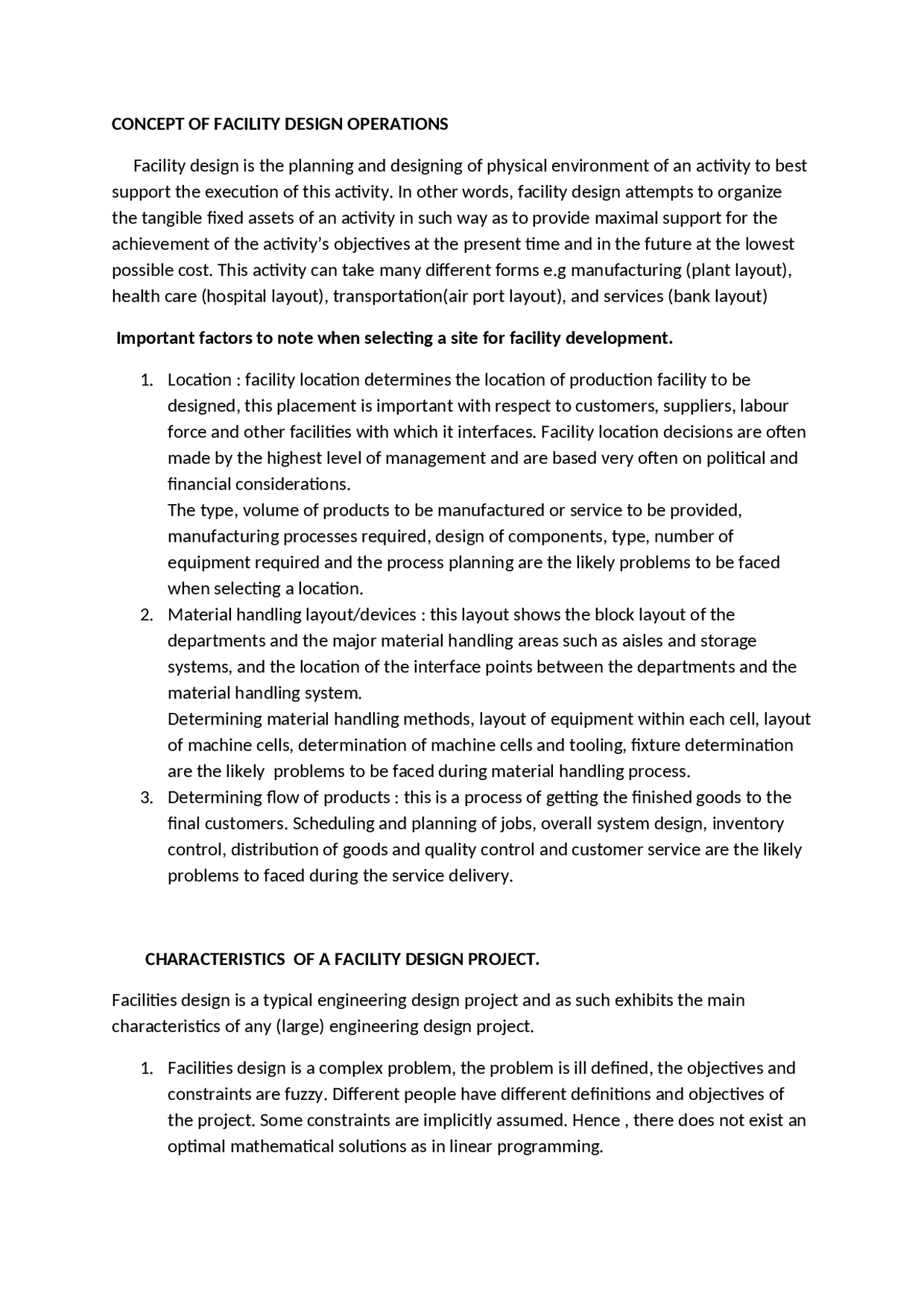facility design note | Lecture notes Industrial design | Docsity