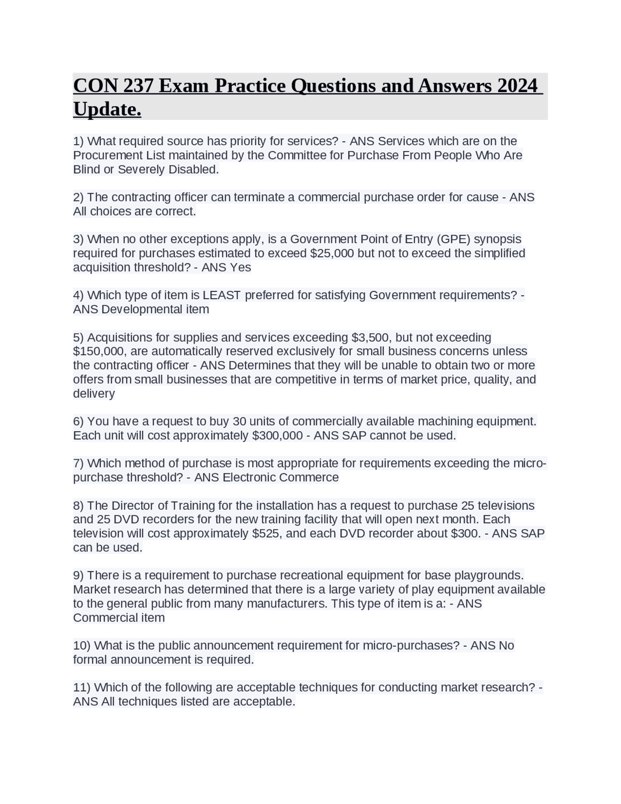 Exam Practice Questions and Answers for Federal Acquisition Regulation ...