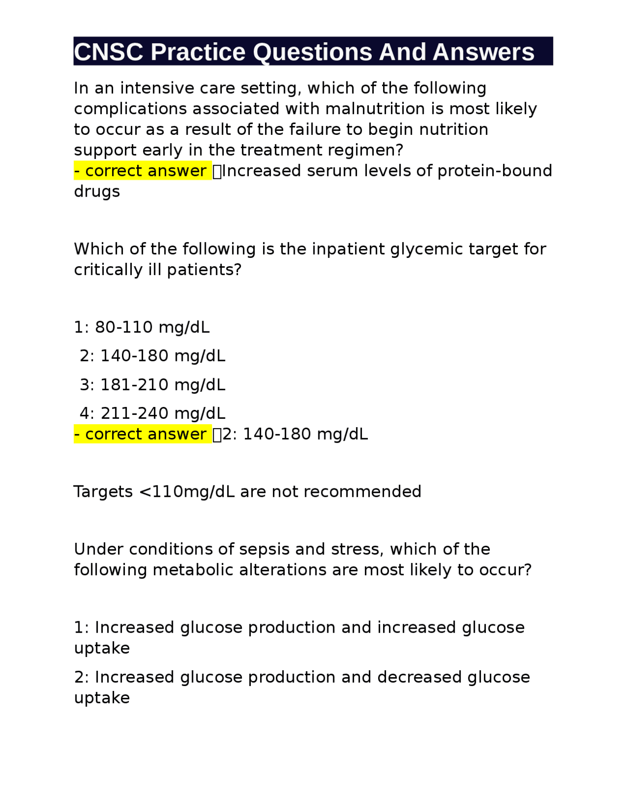 CNSC Practice Questions and Answers for Nutrition and Metabolism ...