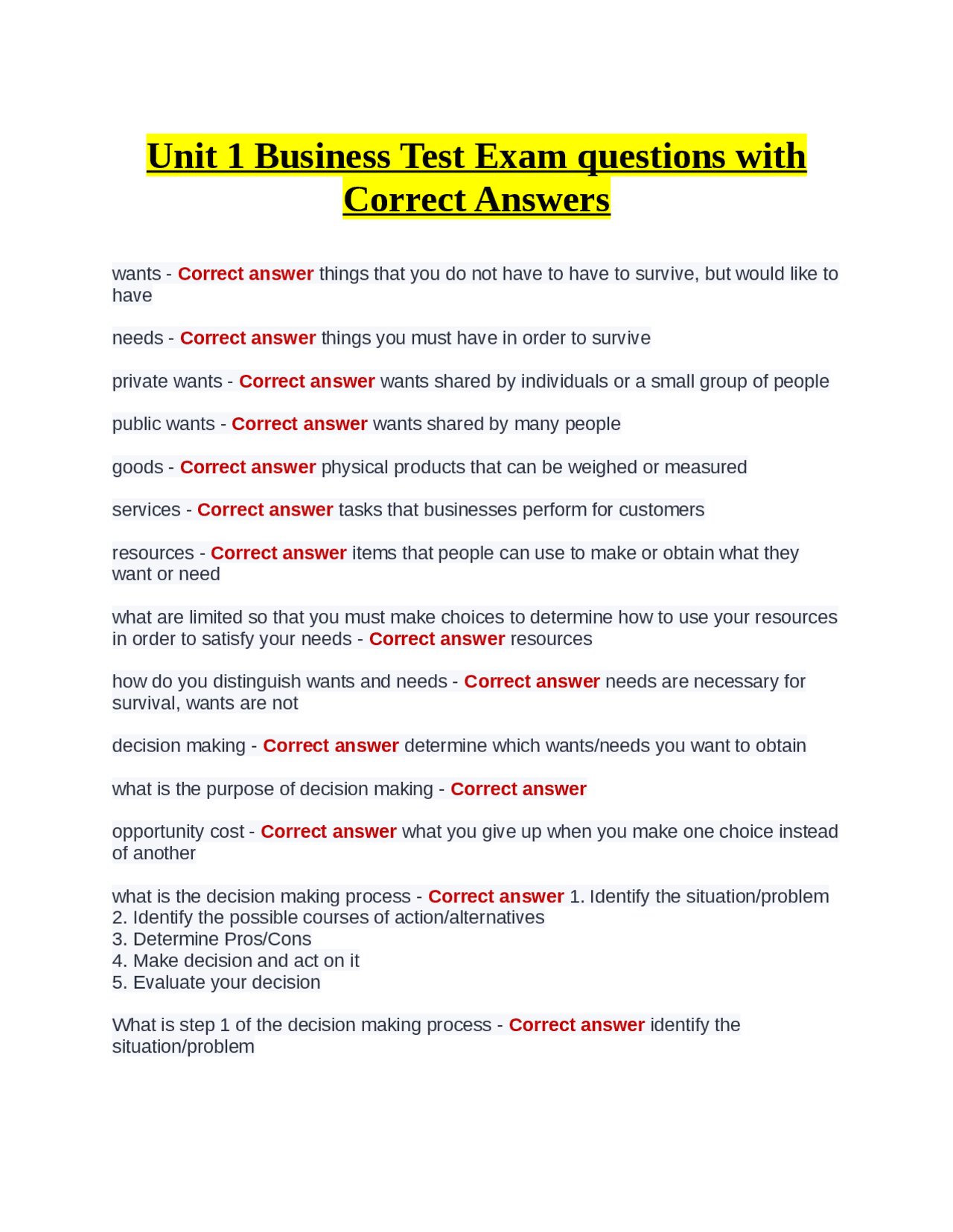 Unit 1 Business Test Exam questions with Correct Answers | Exams ...