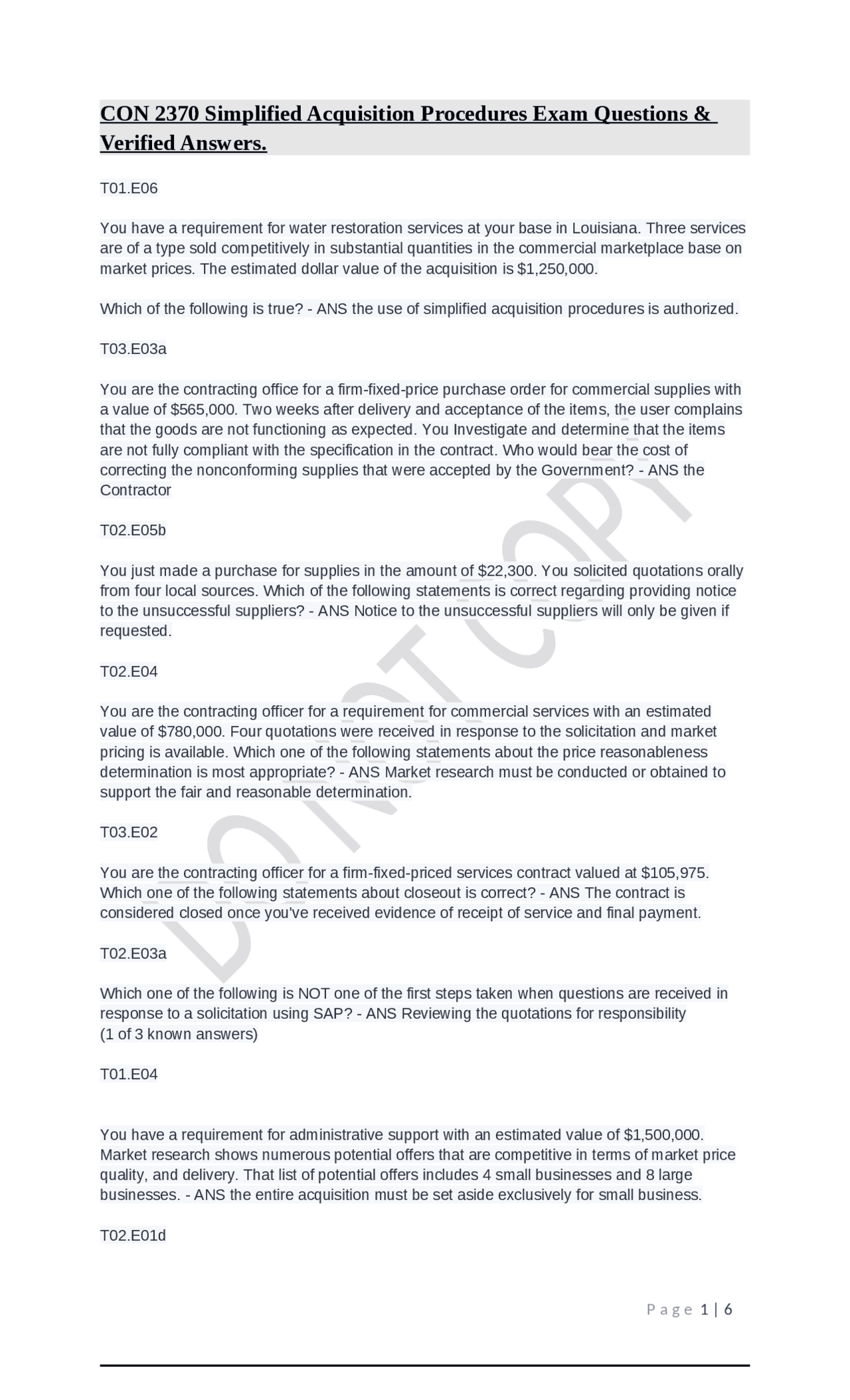 CON 2370 Simplified Acquisition Procedures Exam Questions & Verified ...