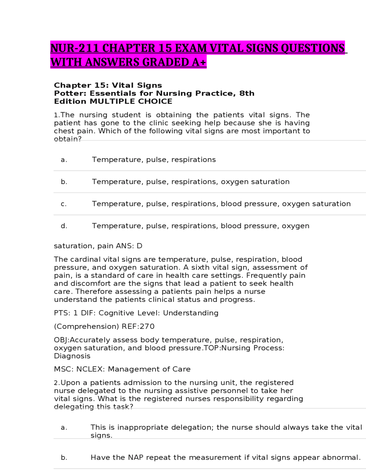 NUR-211 CHAPTER 15 EXAM VITAL SIGNS QUESTIONS WITH ANSWERS GRADED A+ ...