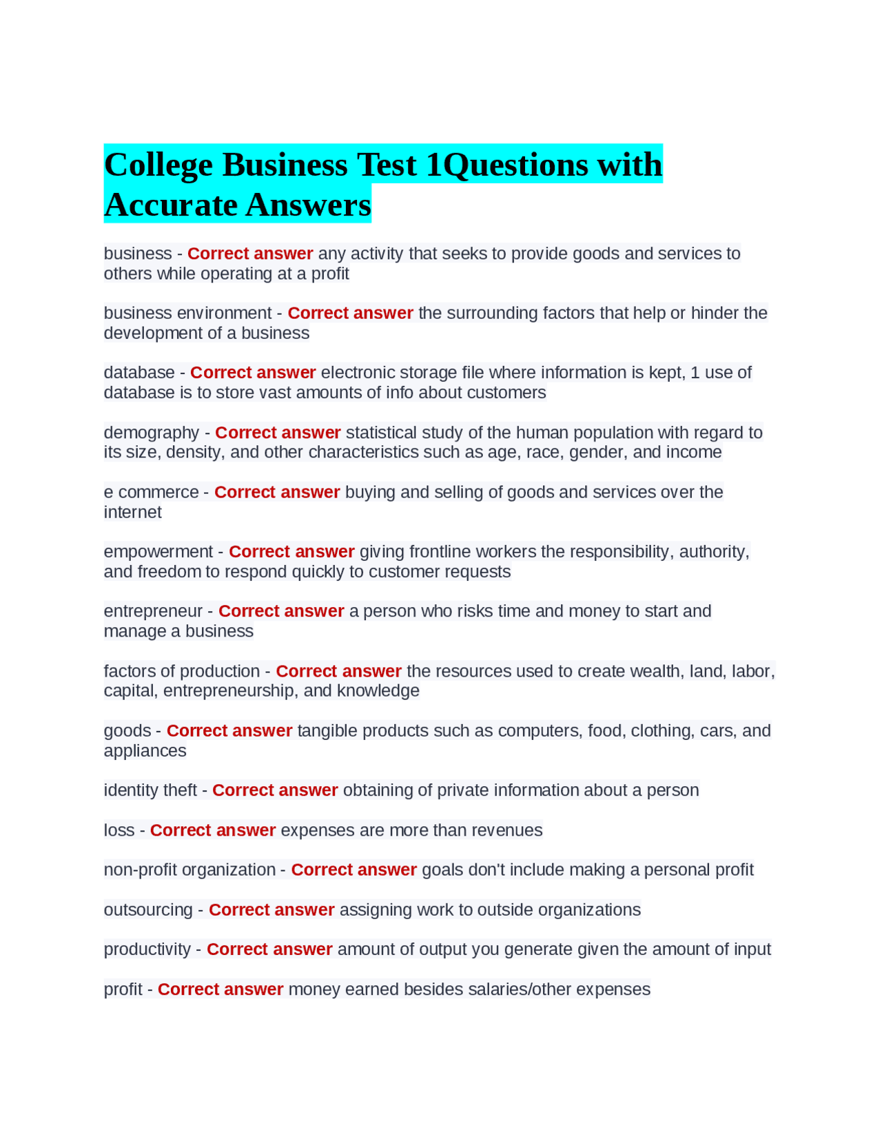 Business Terminology and Concepts Study Guide | Exams Business ...