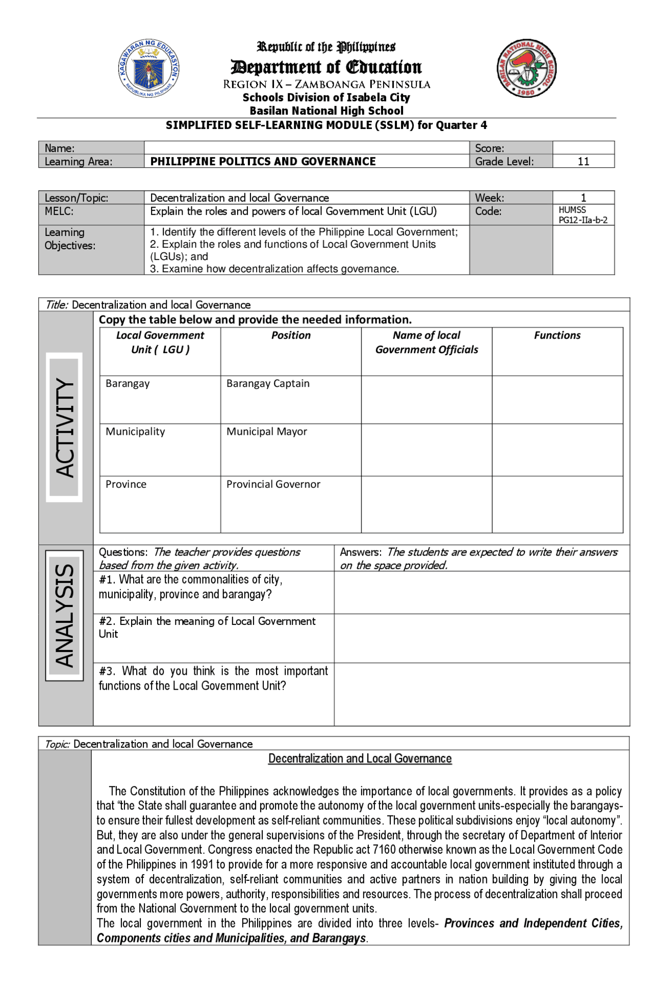 Decentralization and Local Governance in the Philippines: A Module for ...