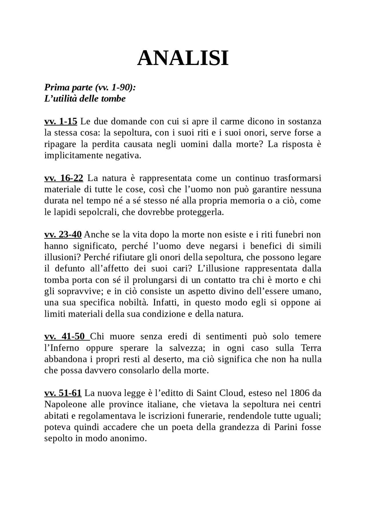 Analisi dei Sepolcri | Appunti di Italiano | Docsity