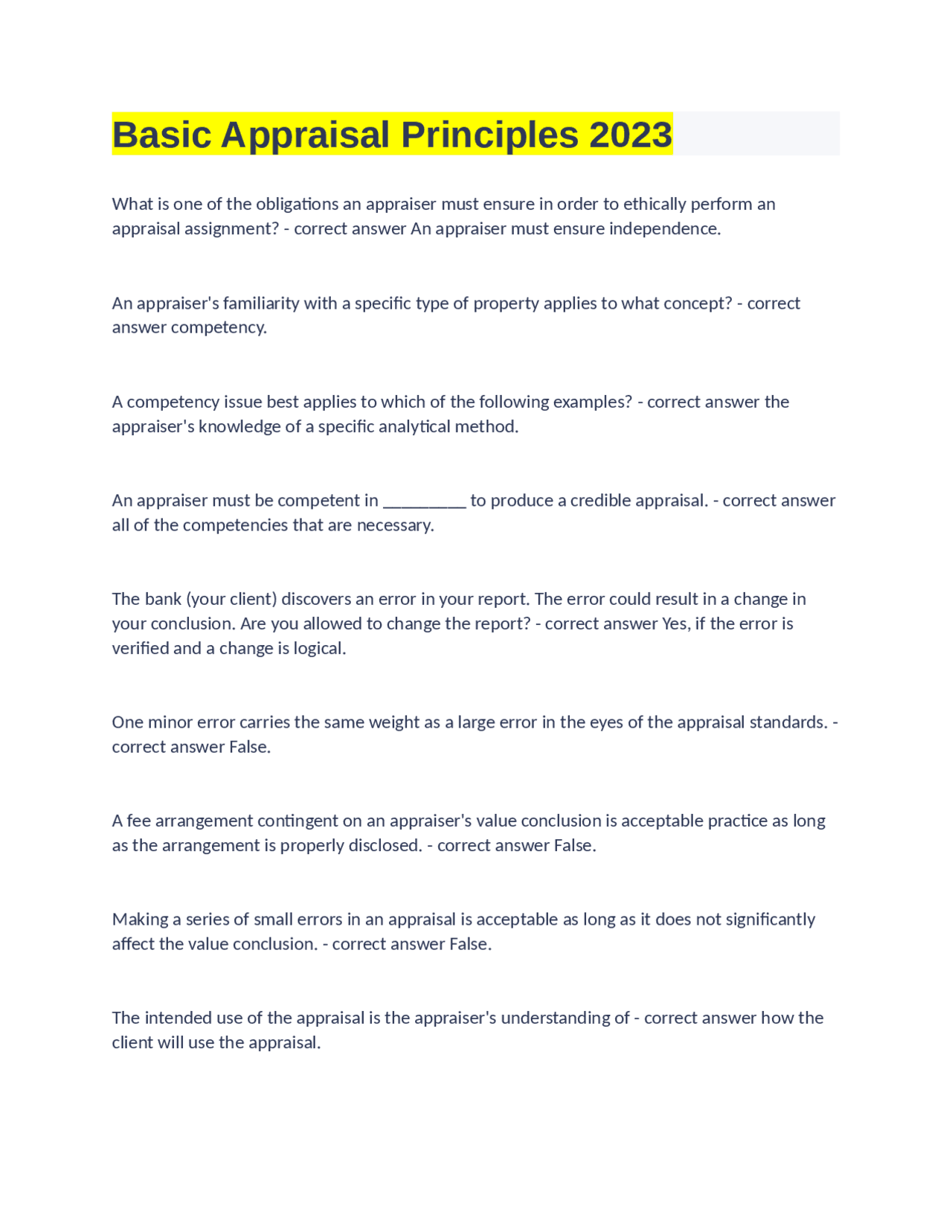 Basic Appraisal Principles 2023 | Exams Real Estate Management | Docsity